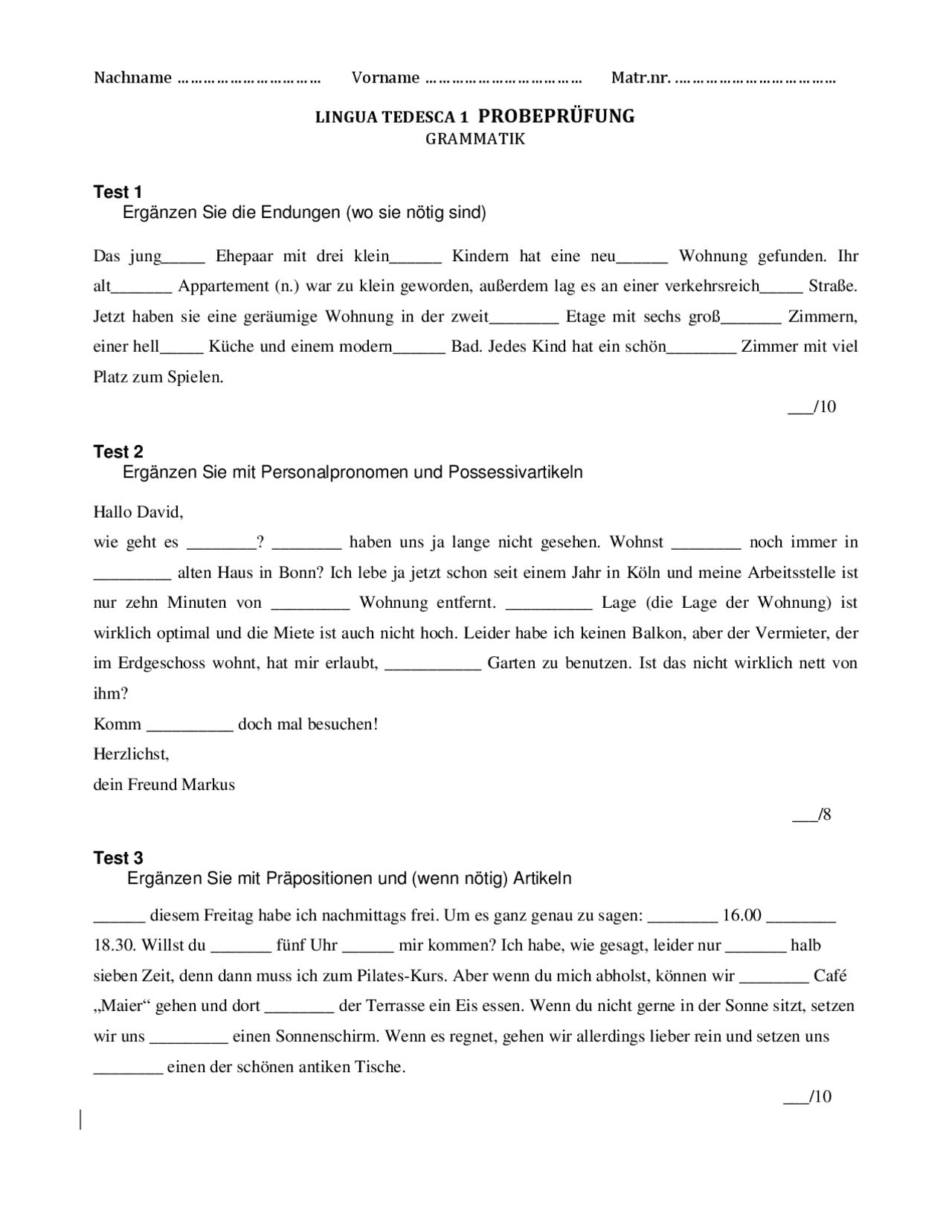 Prove Esame Grammatica Tedesco 1 Anno Docsity