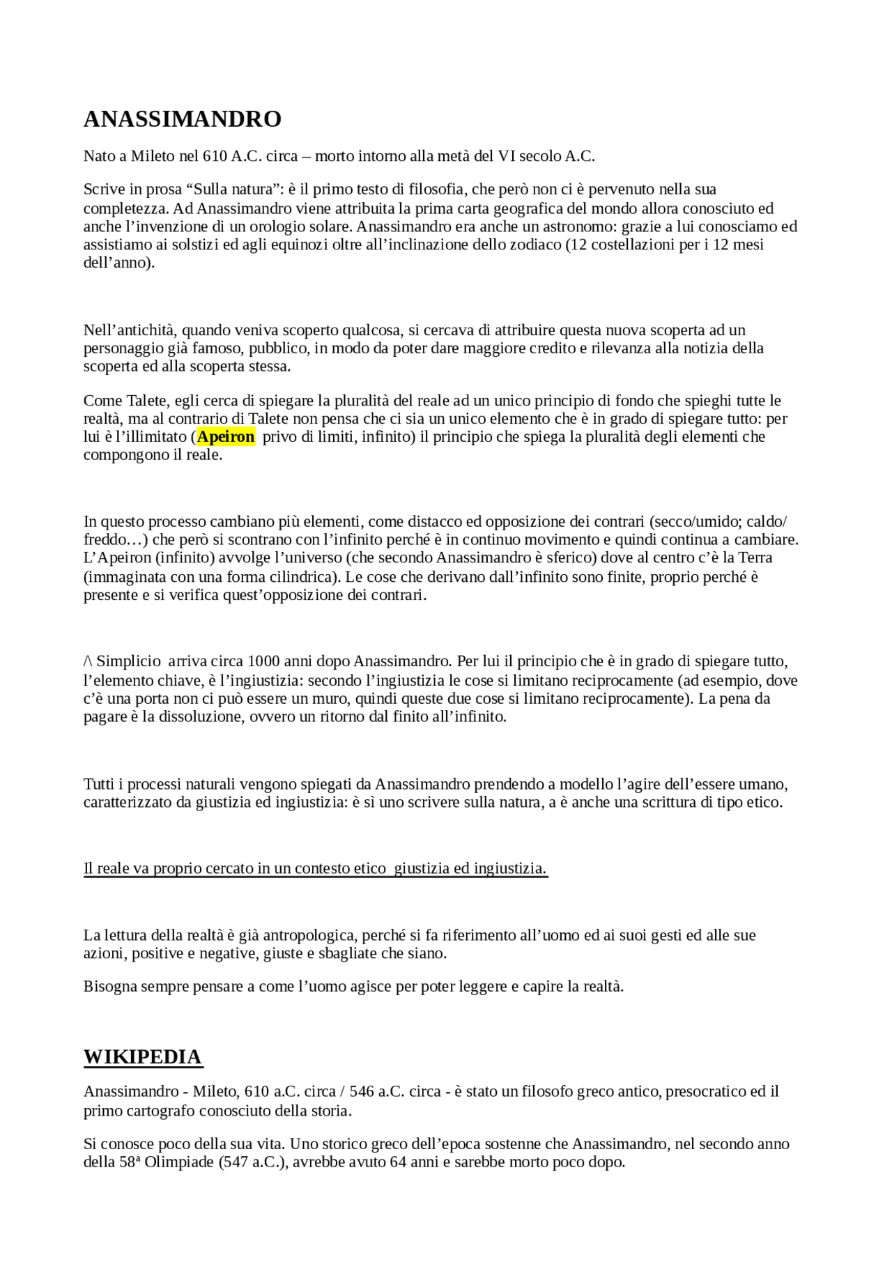 Riassunto Filosofo Anassimandro Docsity