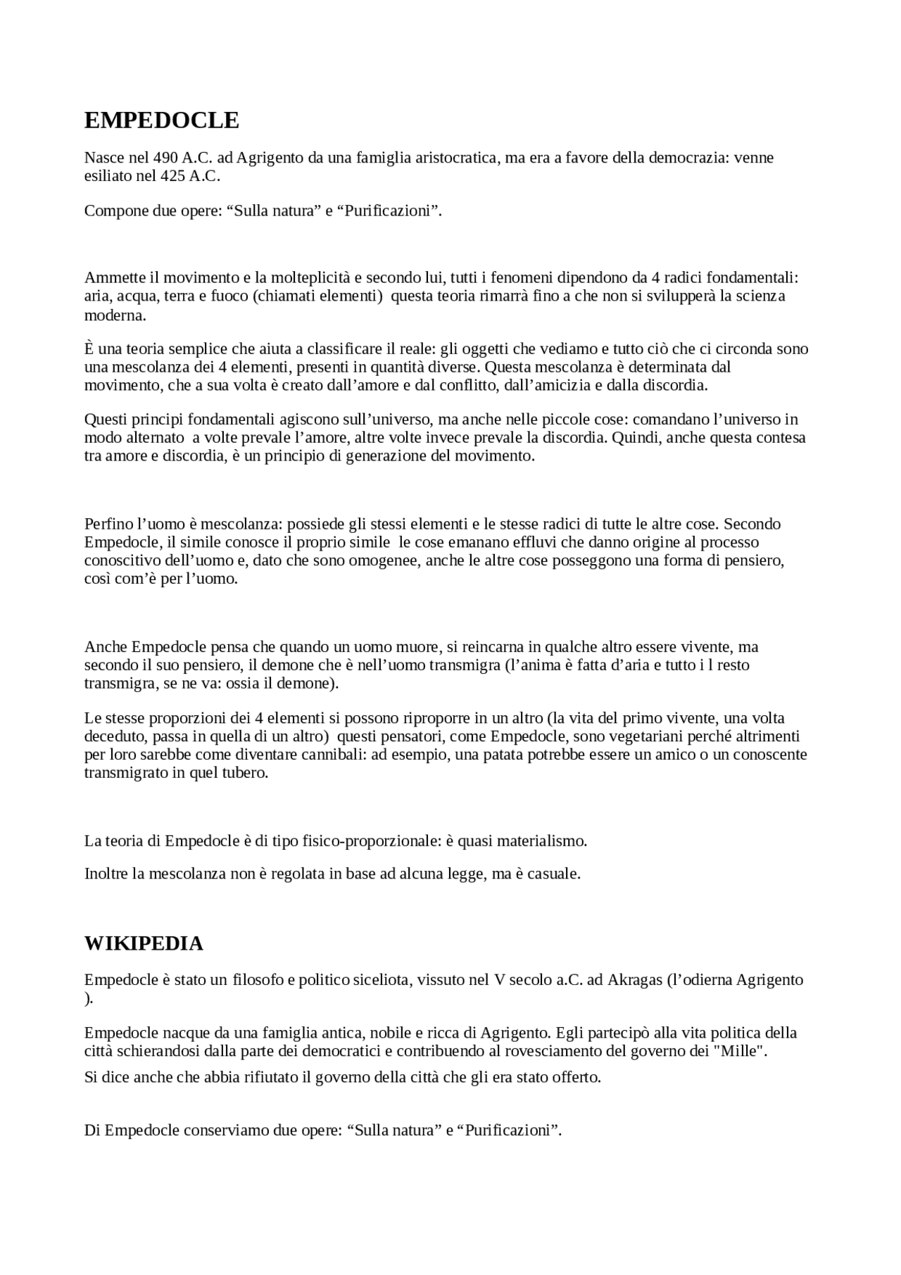 Riassunto Filosofo Empedocle Docsity
