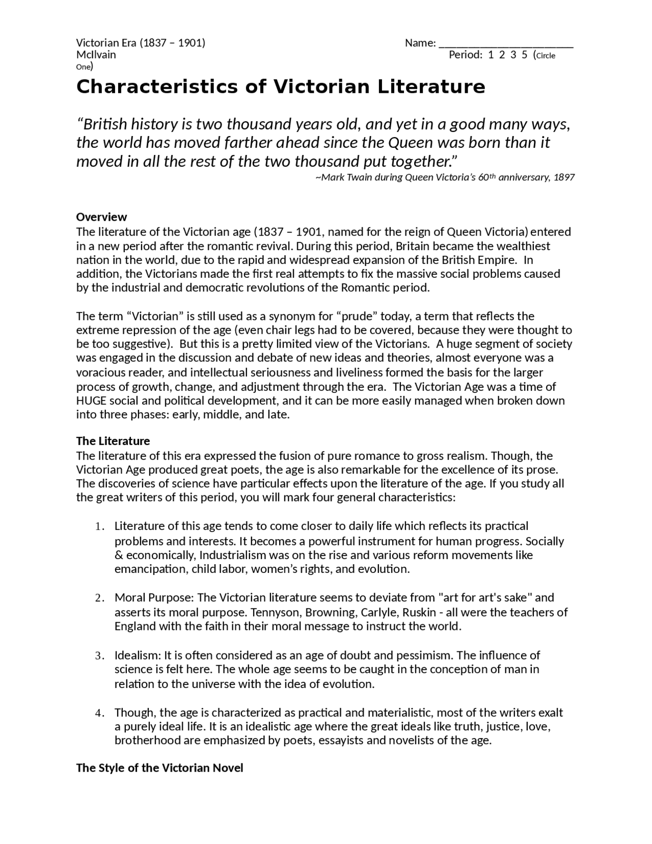 feature of victorian Era | Study notes English Literature | Docsity