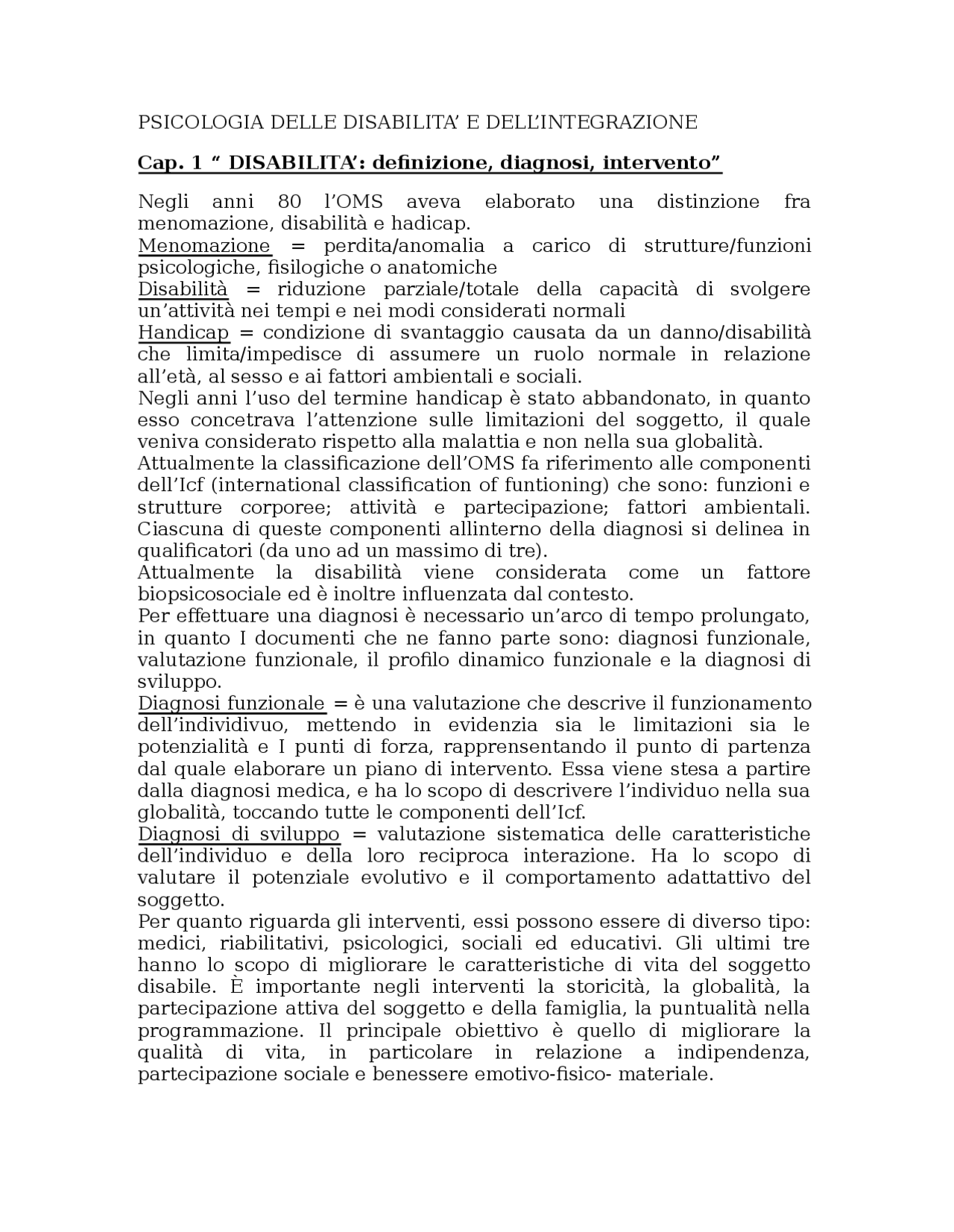 Psicologia Delle Disabilità Docsity