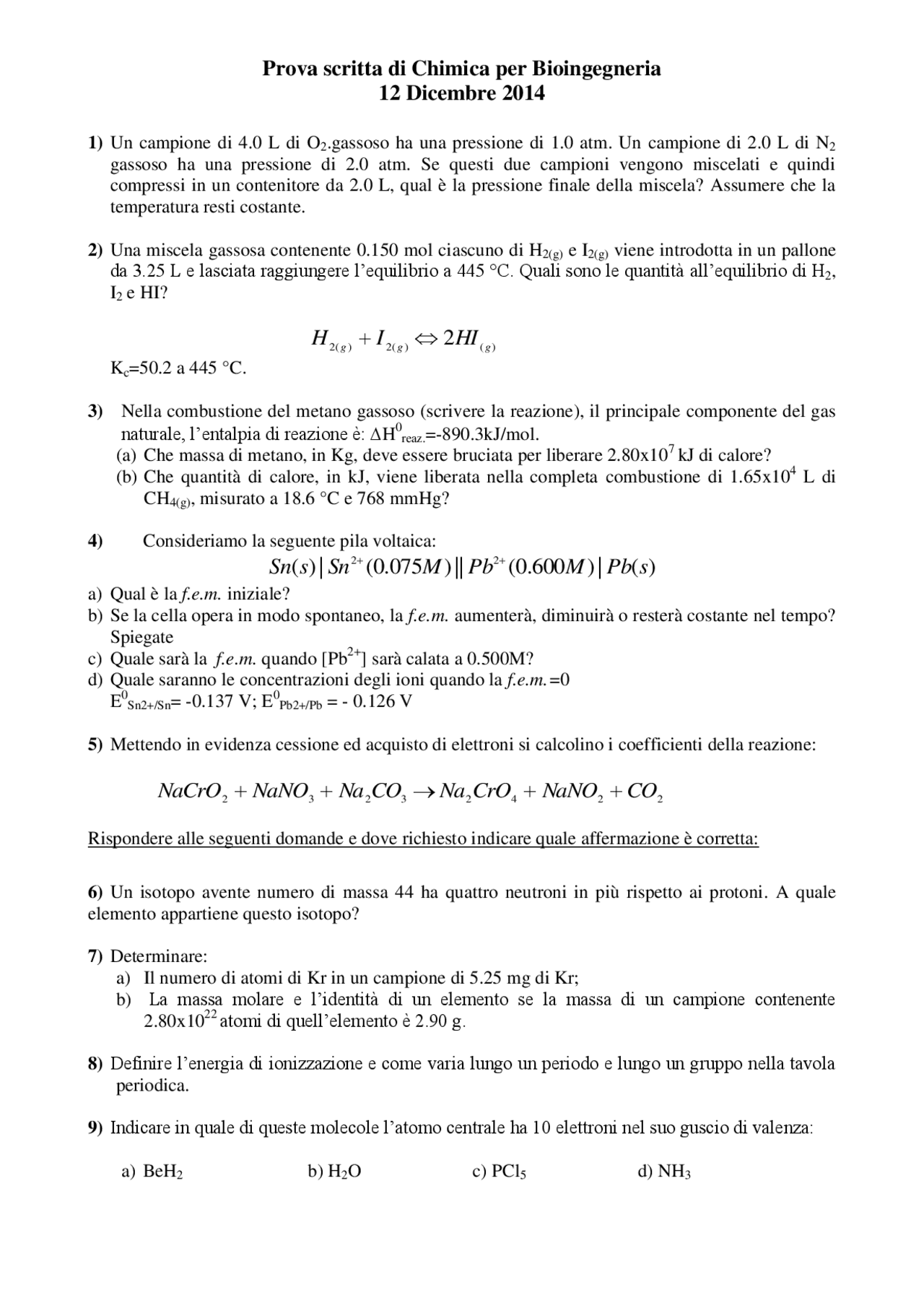 Chimica Per Bioingegneria Docsity