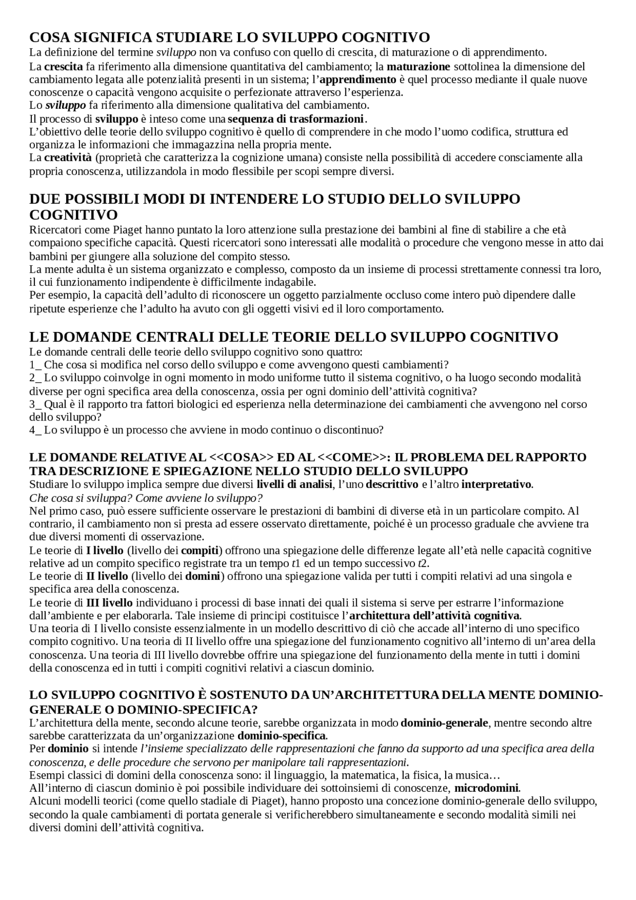 Lo Sviluppo Della Mente Umana Riassunto Capitolo 1 Docsity