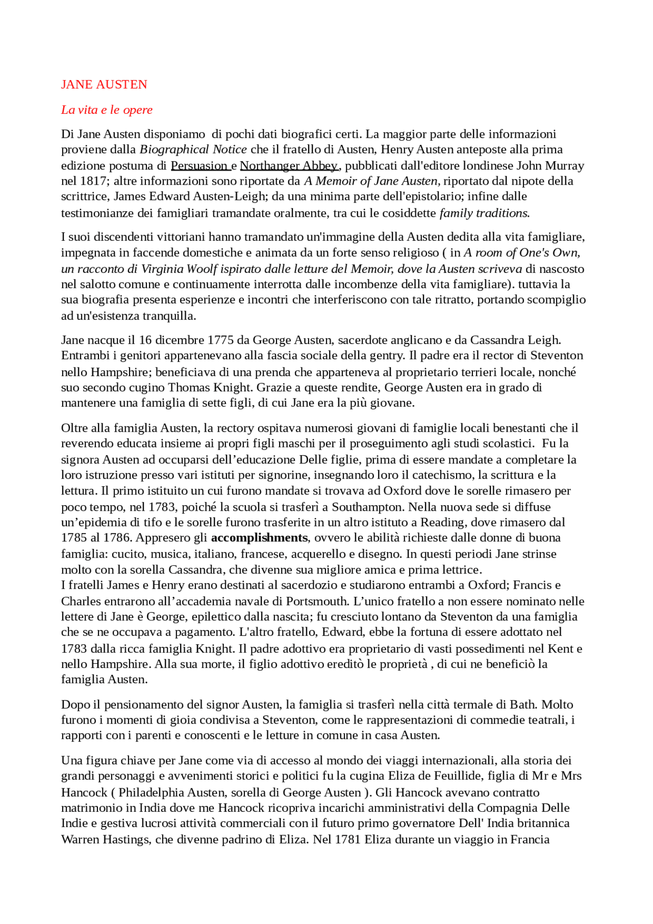 Jane Austen, vita e opere | Sintesi del corso di Letteratura Inglese ...