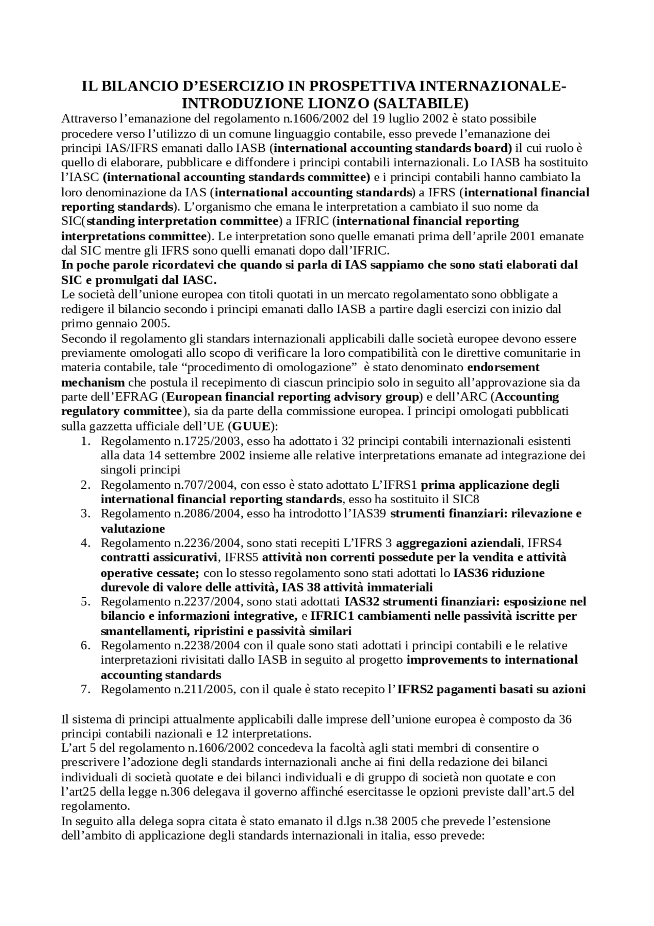 Redazione dei bilanci secondo i principi contabili IAS/IFRS - Docsity