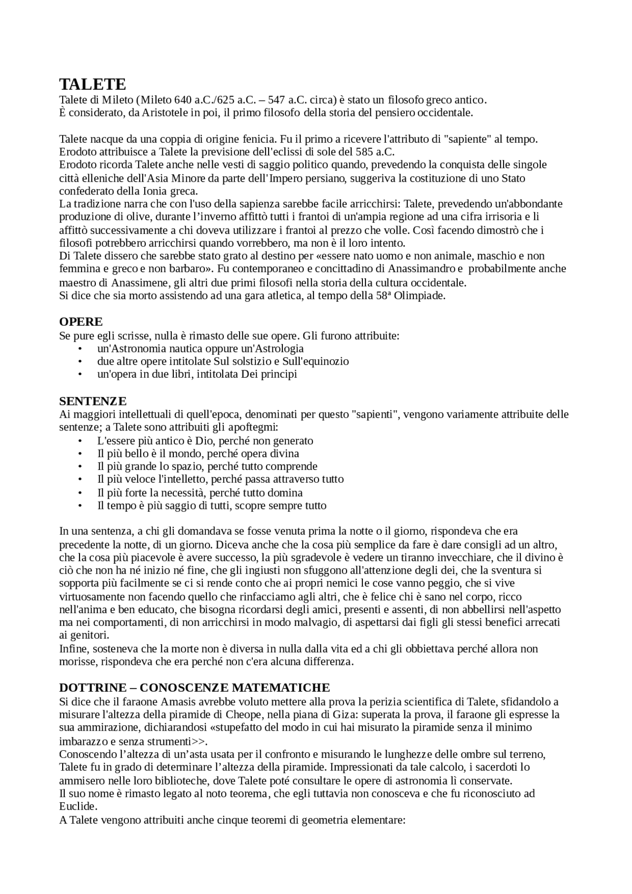 Riassunto Filosofo Talete Docsity