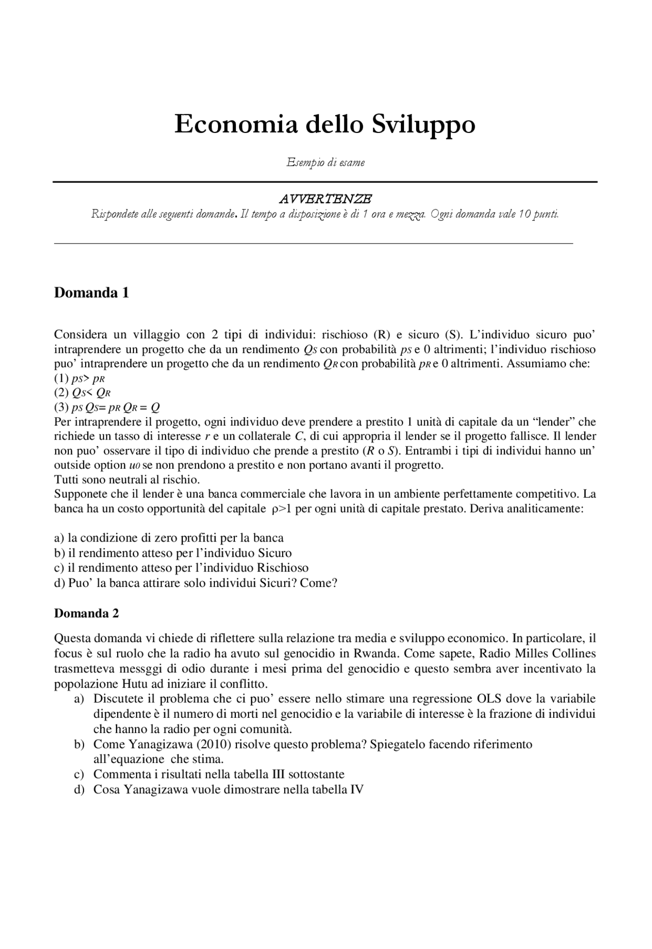 Esame Economia Dello Sviluppo Docsity
