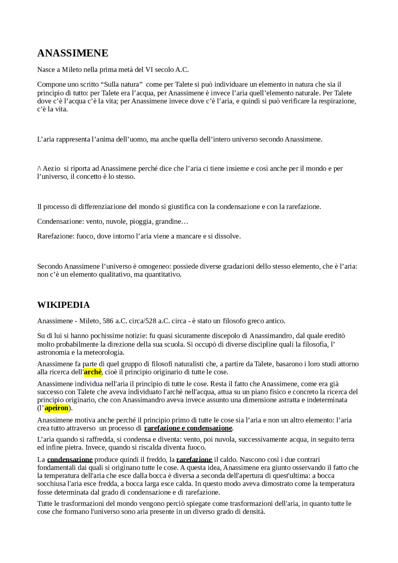 Riassunto Filosofo Anassimene Docsity