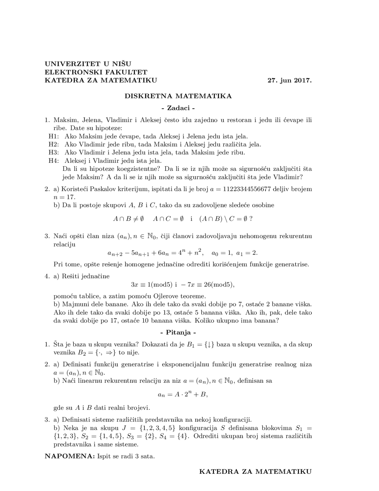 Diskretna matematika - ispit, jun 2017. Elektronski fakultet Niš | Ispiti' predlog Diskretna ...