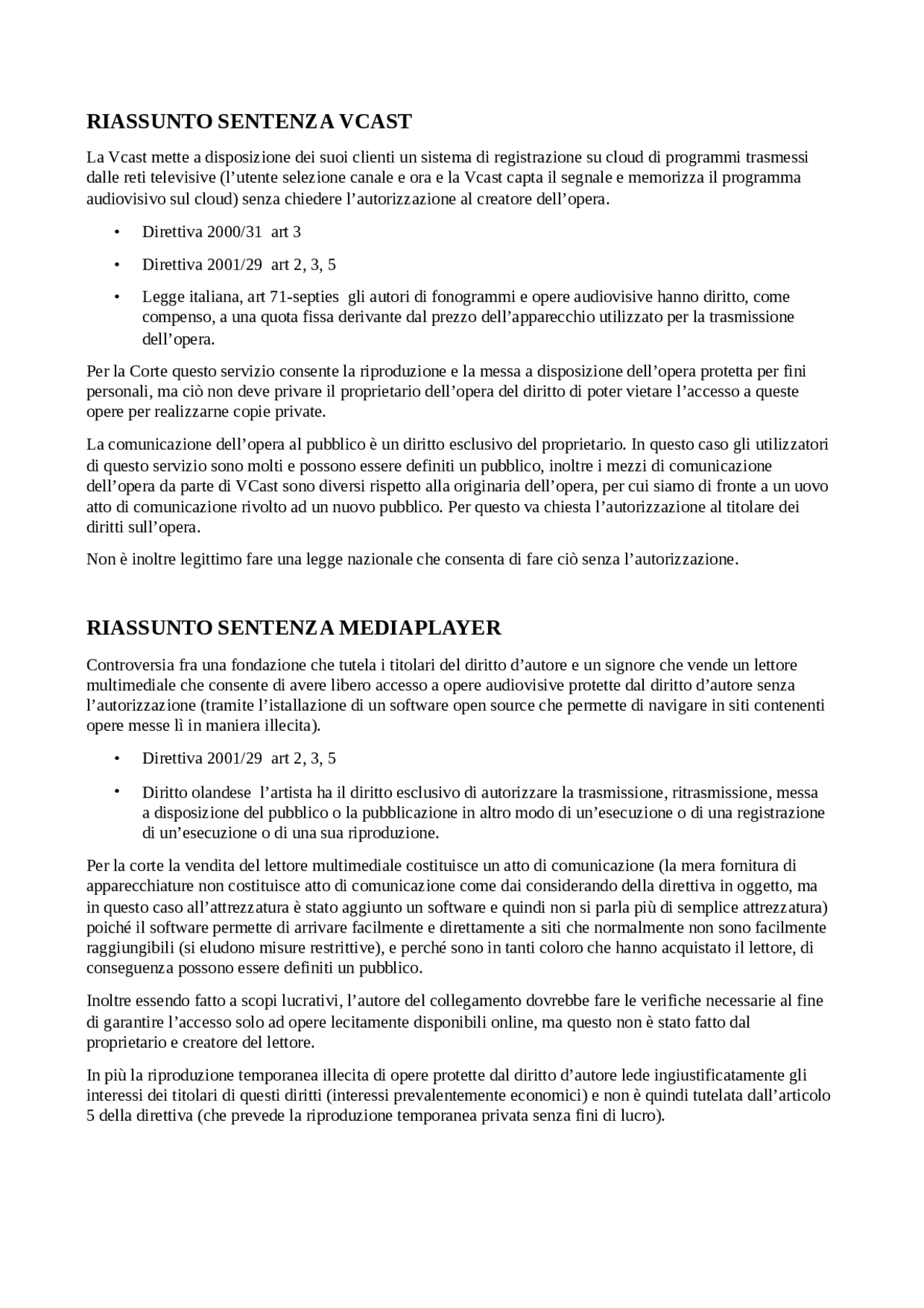 Riassunto Sentenza Vcast E Sentenza Media Player Docsity