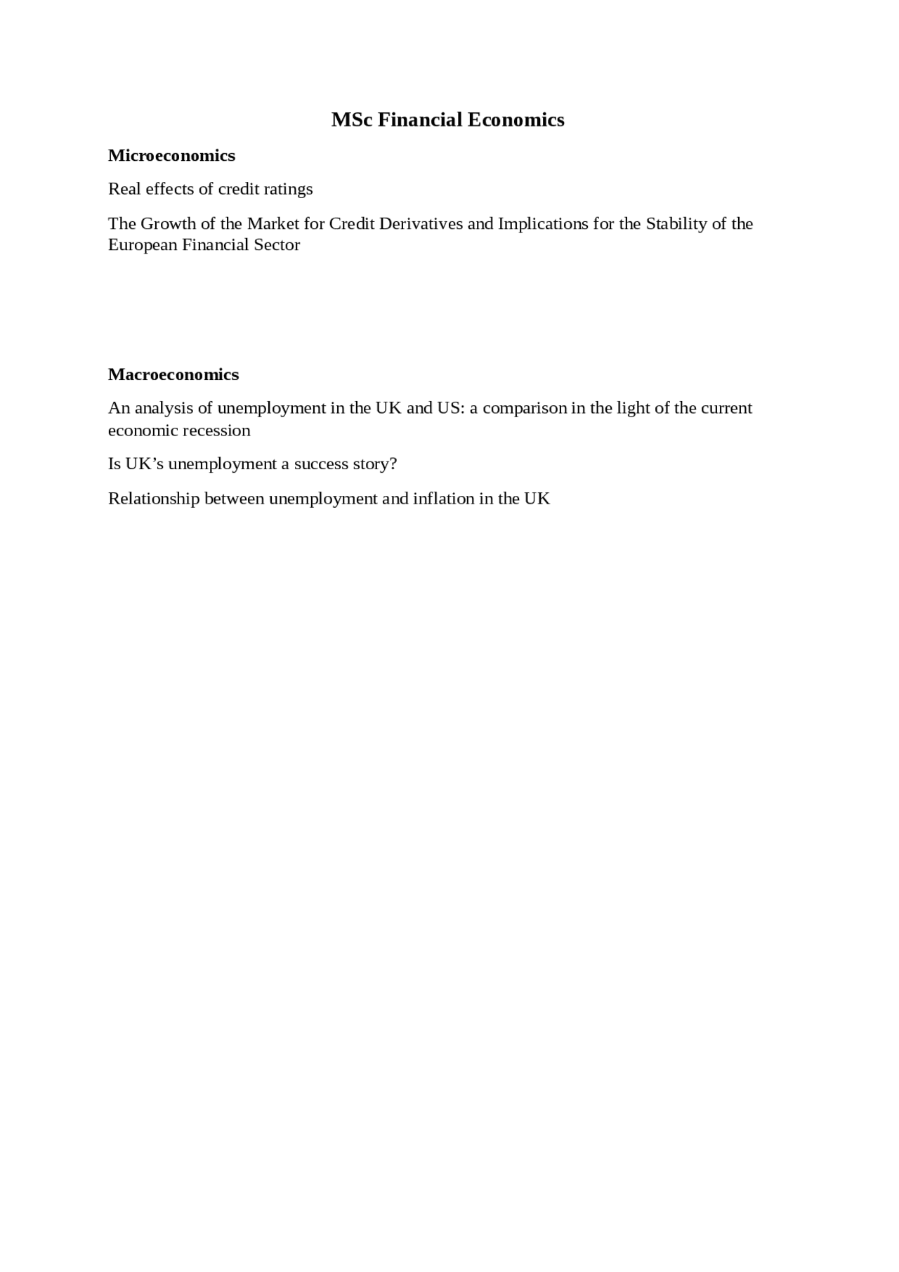 Dissertation Topics For Finacial Economics Docsity