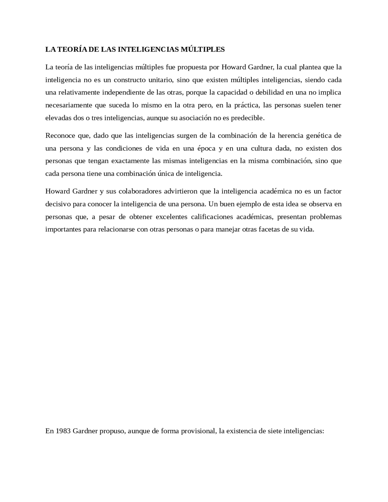 Teoria De Las Inteligencias Multiples De Gardner Docsity