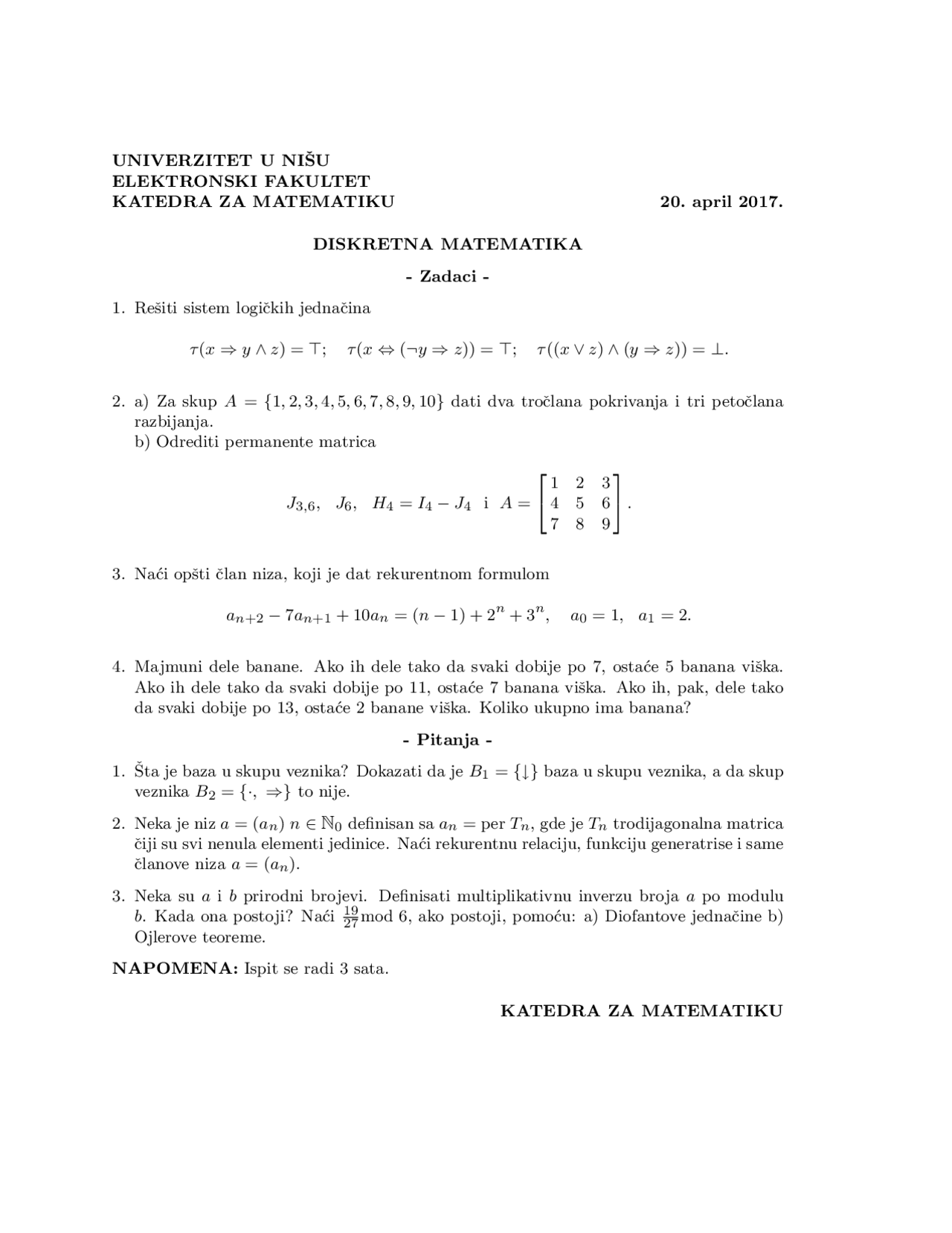 Diskretna matematika - ispit, april 2017. Elektronski fakultet Niš | Ispiti' predlog Diskretna ...