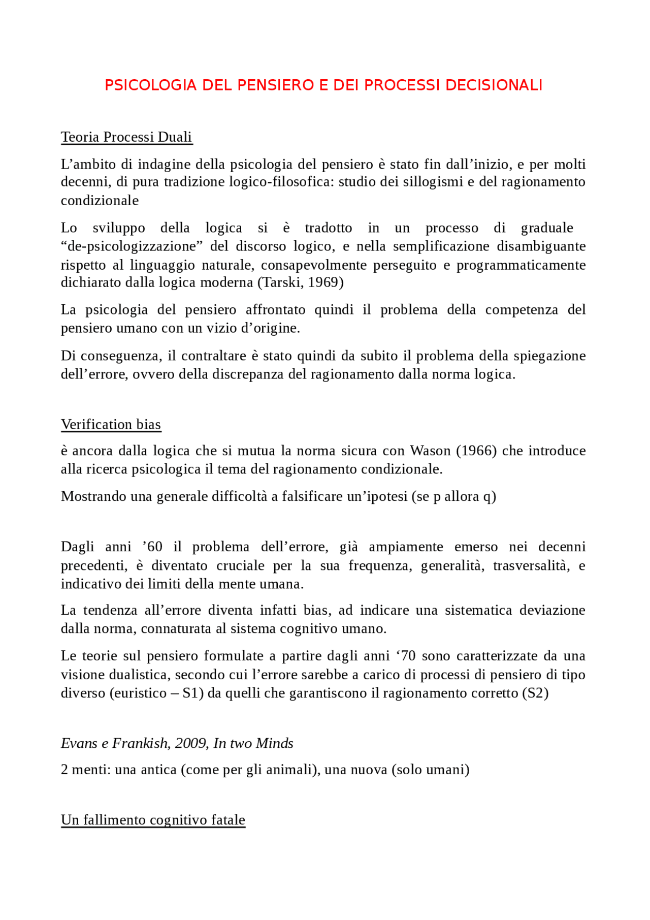 Appunti Psicologia Del Pensiero E Dei Processi Decisionali Docsity