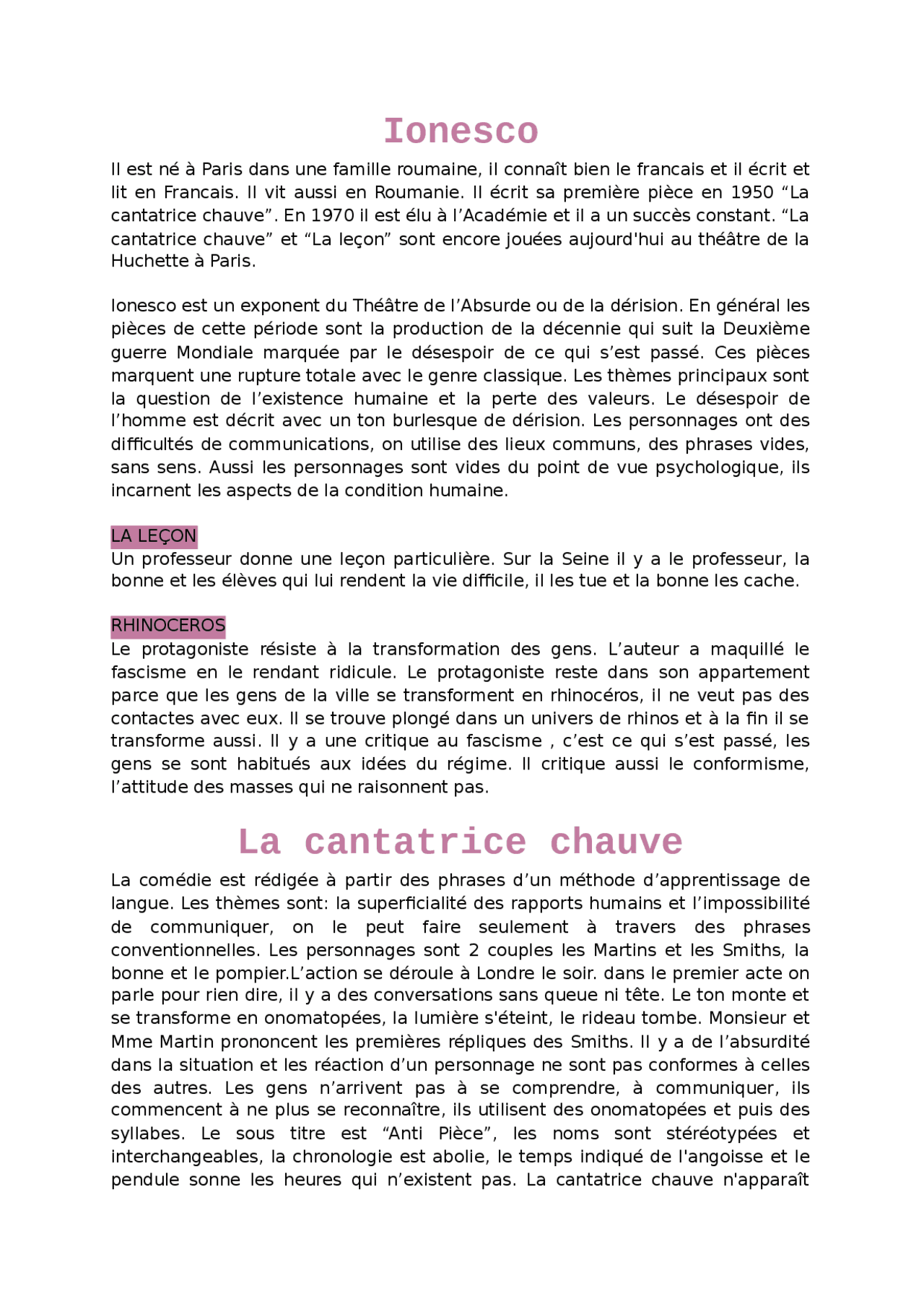 Appunti In Francese Su Ionésco Docsity