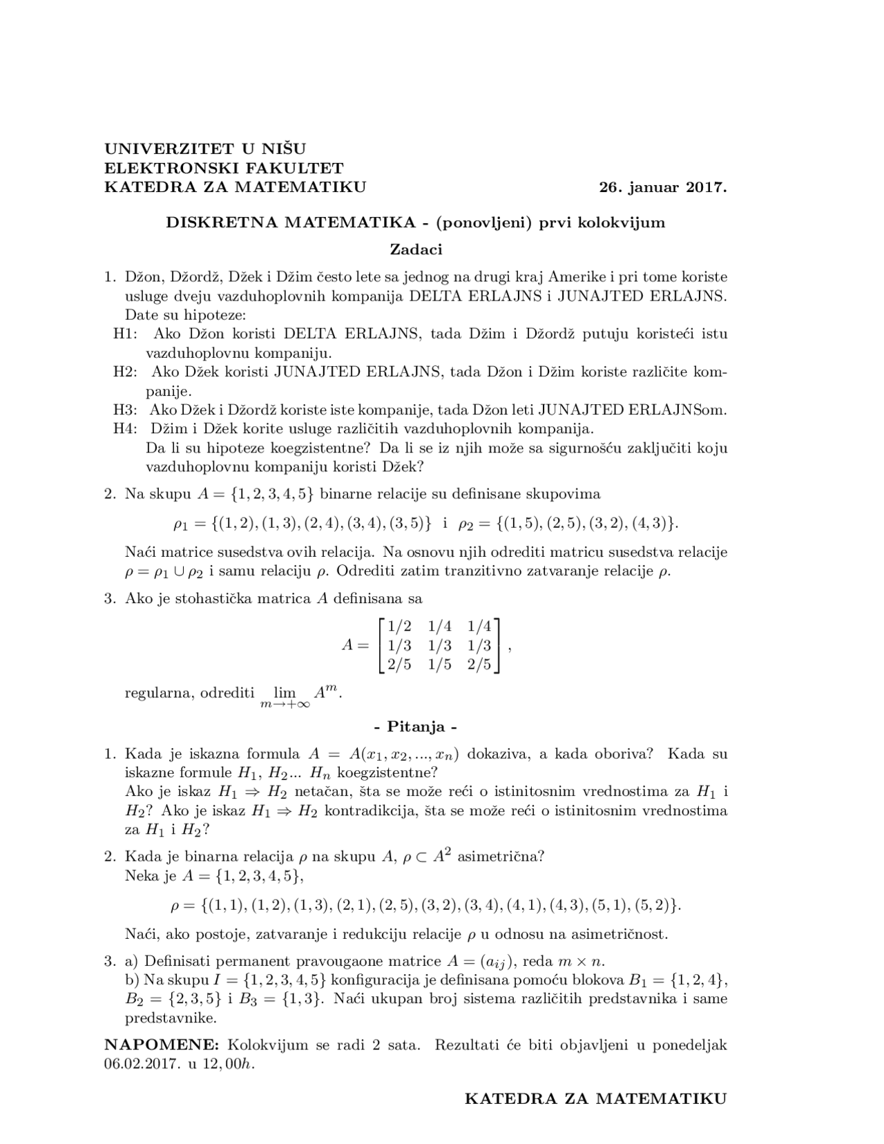 Diskretna matematika - I ponovljeni kolokvijum 2017. Elektronski fakultet Niš | Ispiti' predlog ...