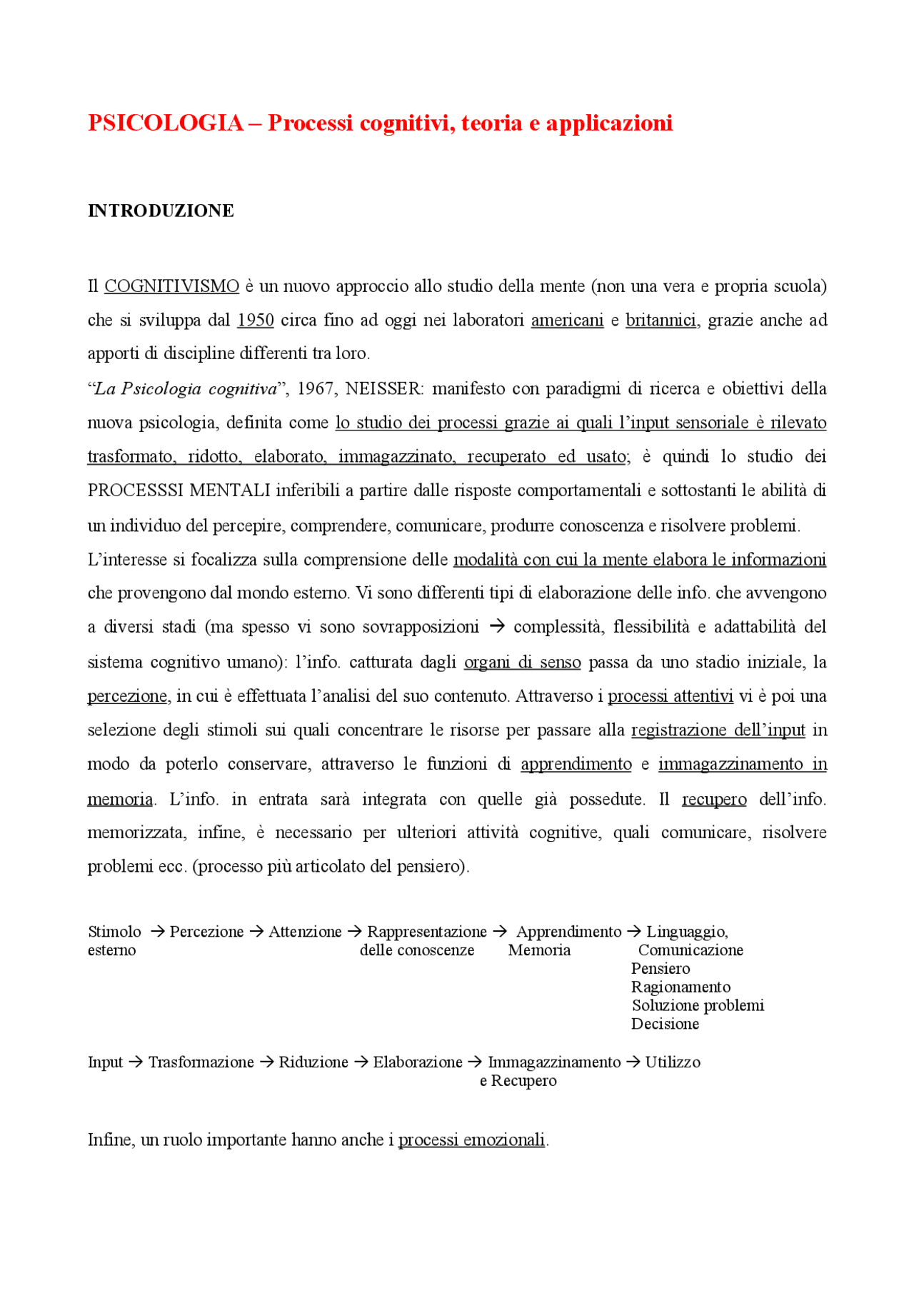 Psicologia Cognitiva Processi Cognitivi Teoria E Applicazioni Docsity