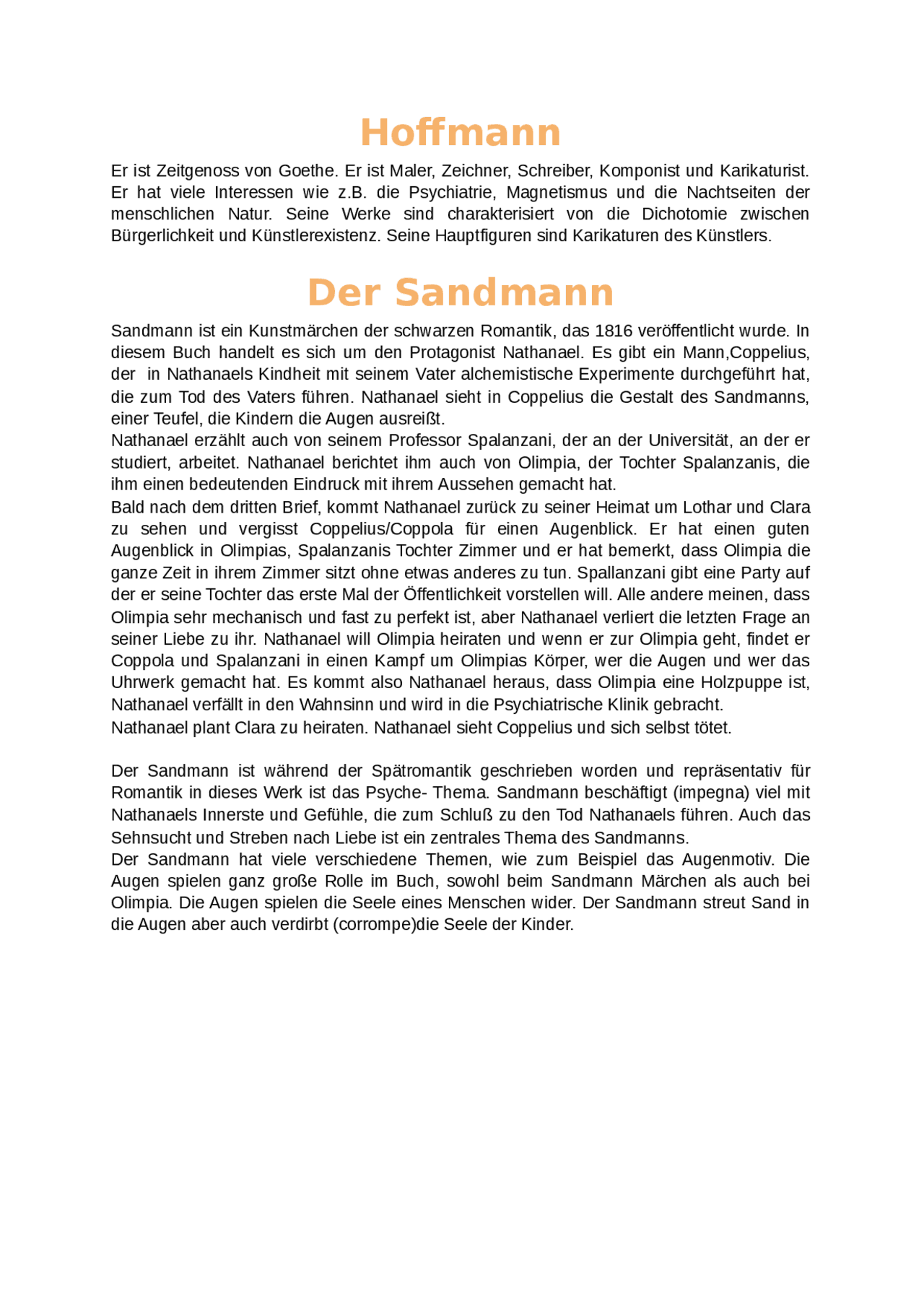 Appunti Di Tedesco Su Hoffmann Der Sandmann Docsity