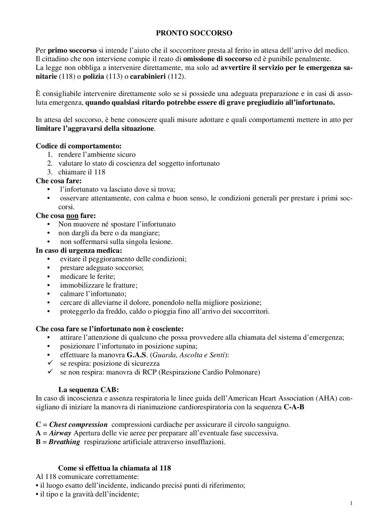 PRIMO SOCCORSO, TEORIA E PRATICA - Docsity