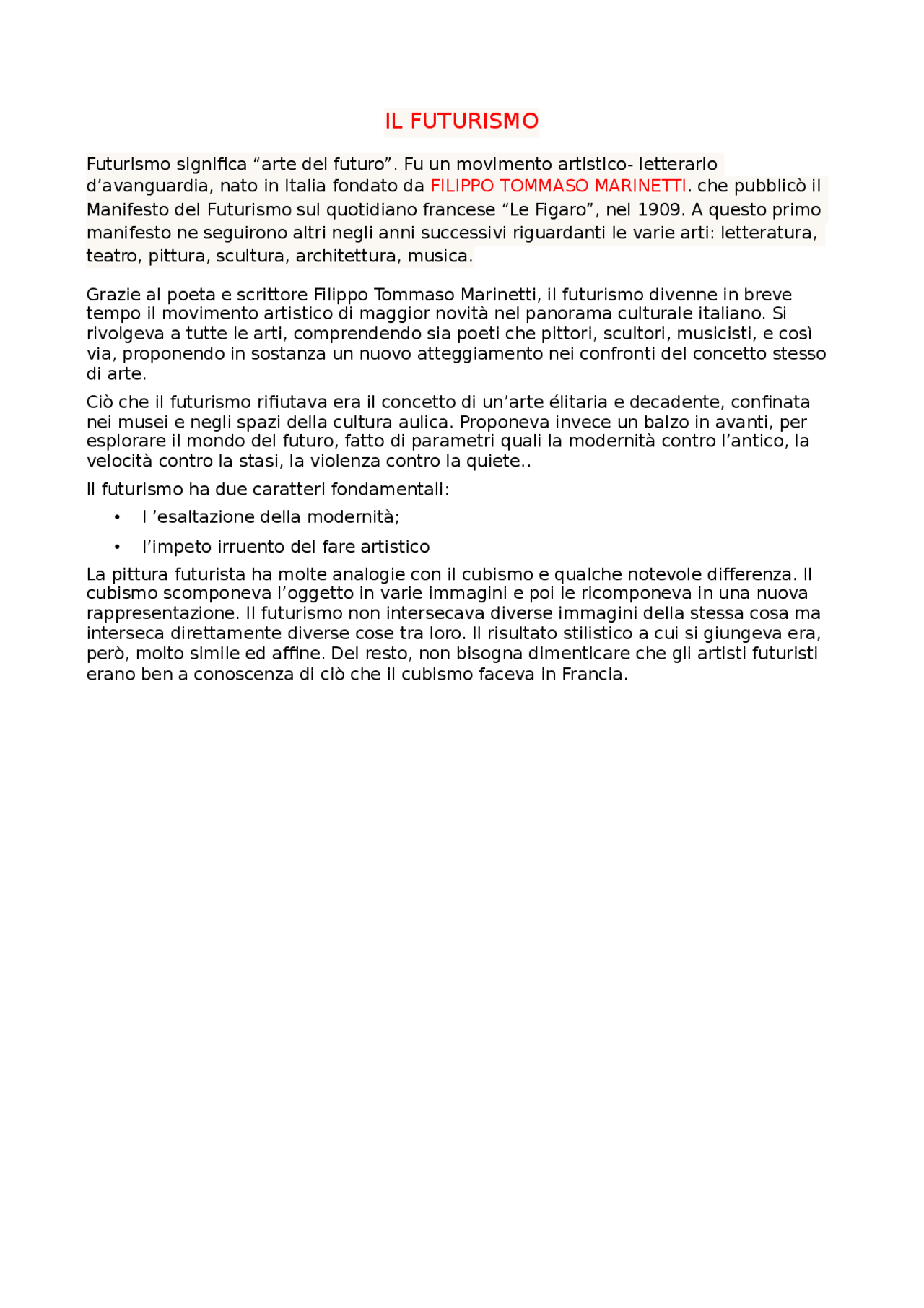 Riassunto Del Il Futurismo Docsity