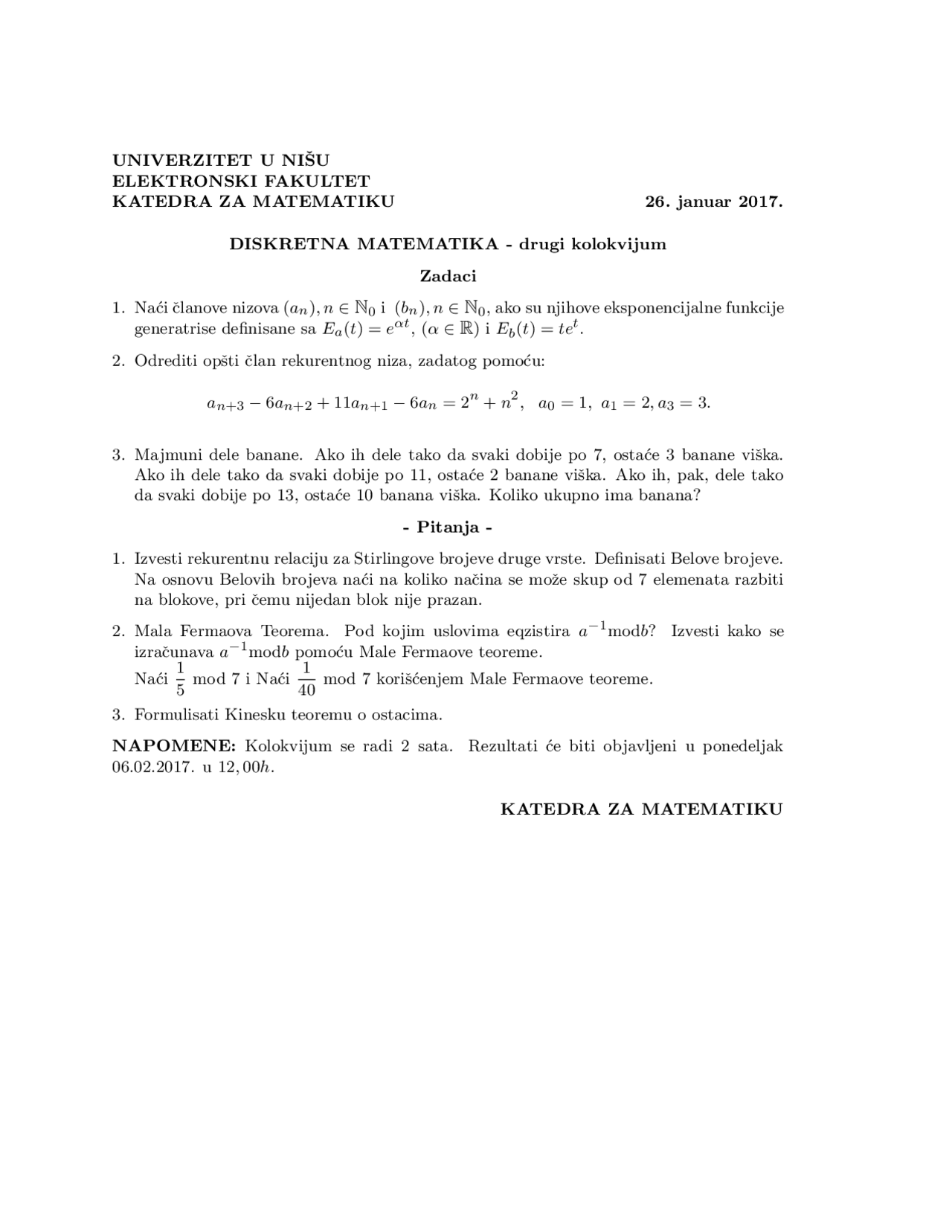 Diskretna matematika - II kolokvijum 2017. Elektronski fakultet Niš | Ispiti' predlog Diskretna ...