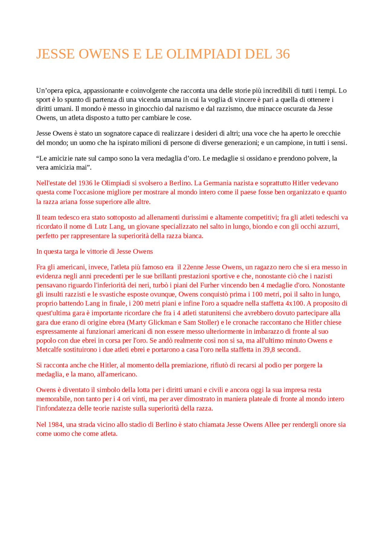 Jesse Owens e le olimpiadi - Docsity