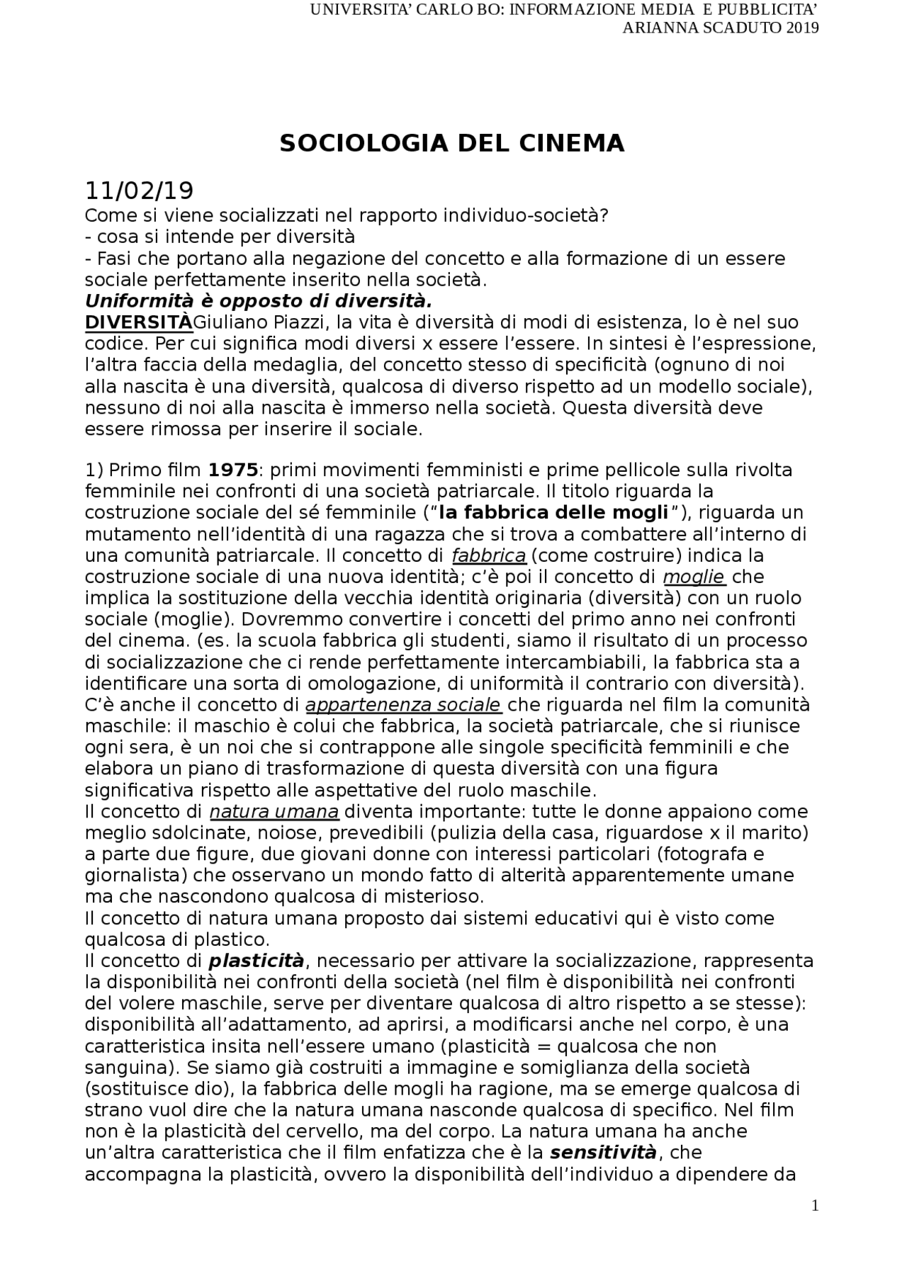 Sintesi E Appunti Di Sociologia Del Cinema Docsity