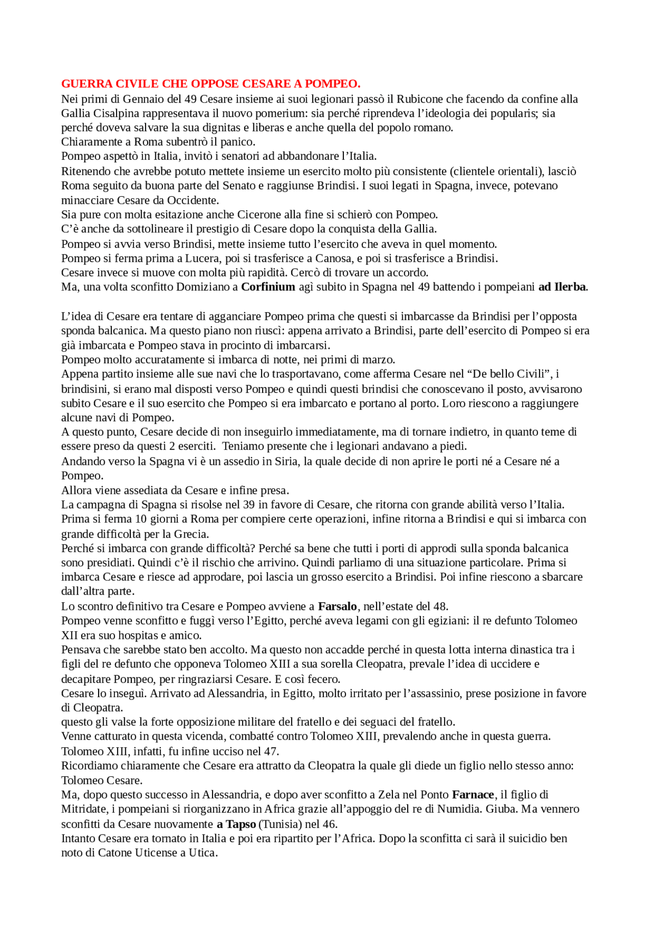 Guerra Civile Cesare A Pompeo Docsity