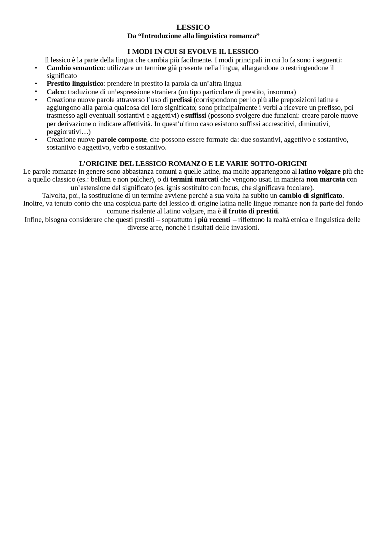 Lessico Levoluzione Dal Latino Alle Lingue Romanze Docsity