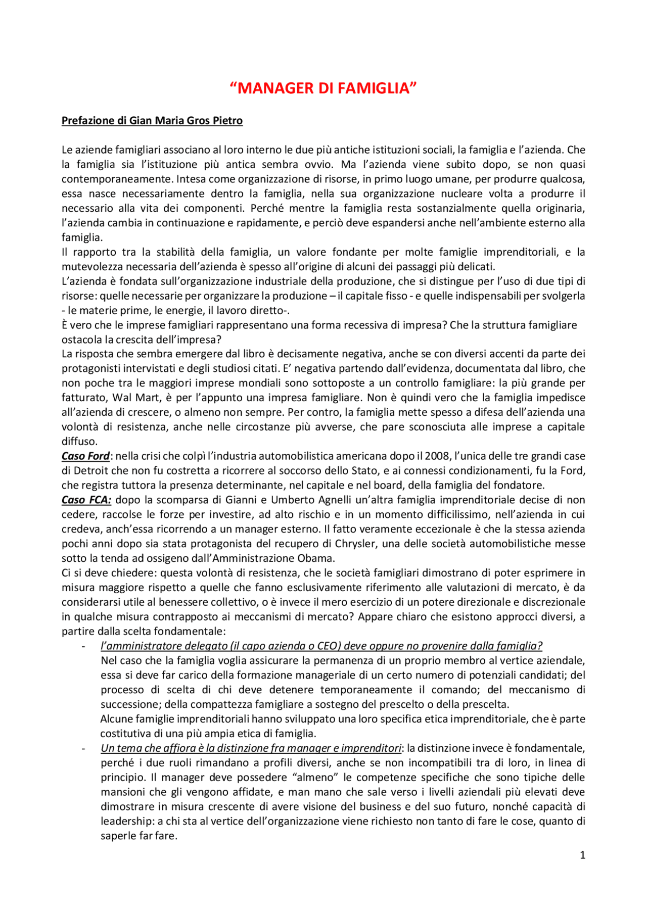 Riassunto Libro Manager Di Famiglia Docsity