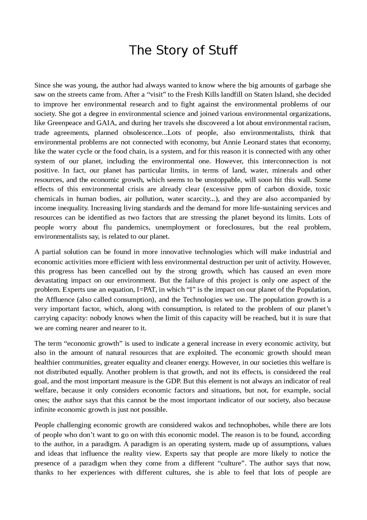 THE STORY OF STUFF - RIASSUNTO - Docsity