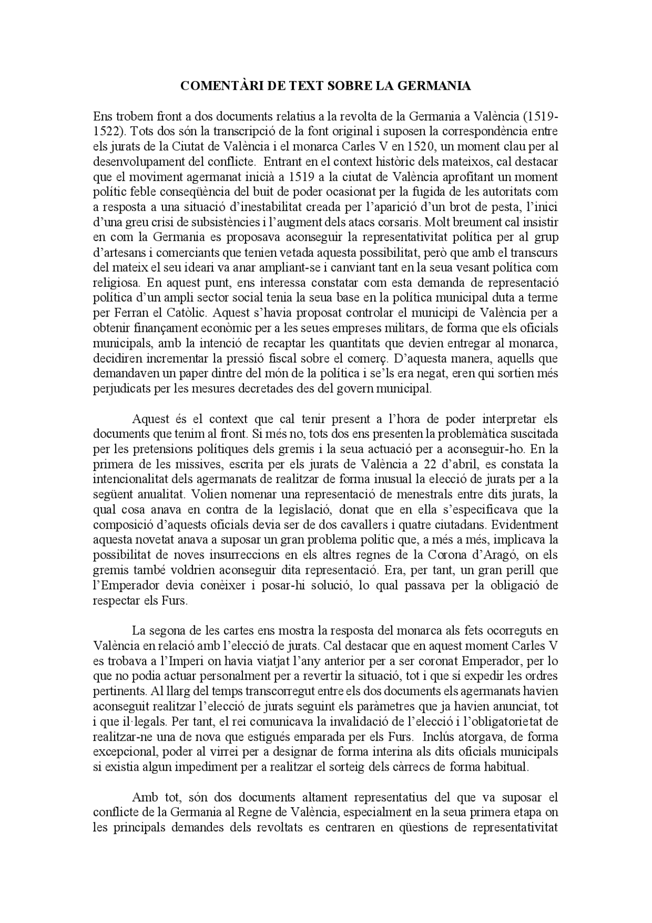 Comentari de text sobre la Germània - Docsity