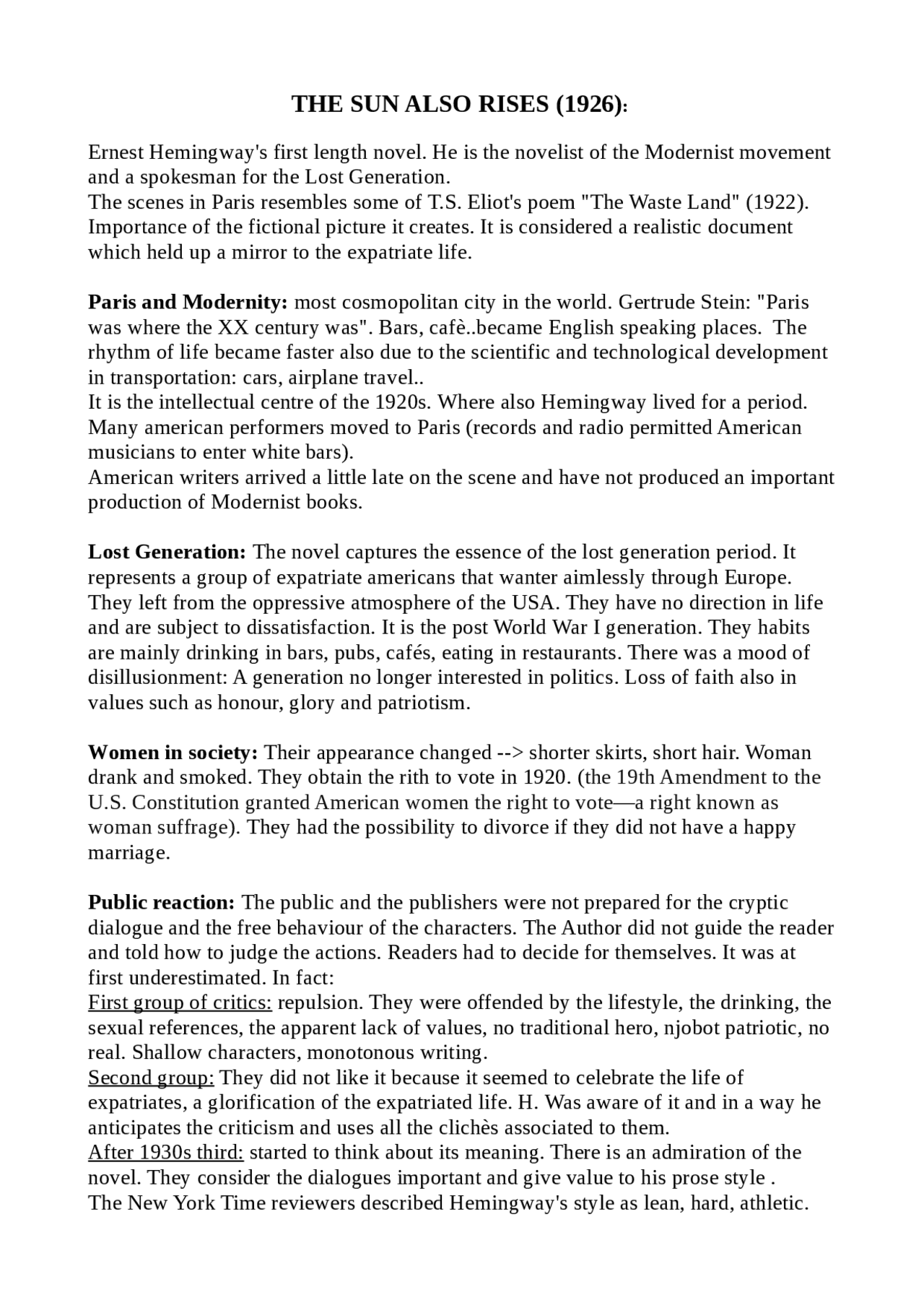 Ernest Hemingway - the sun also rises - Docsity