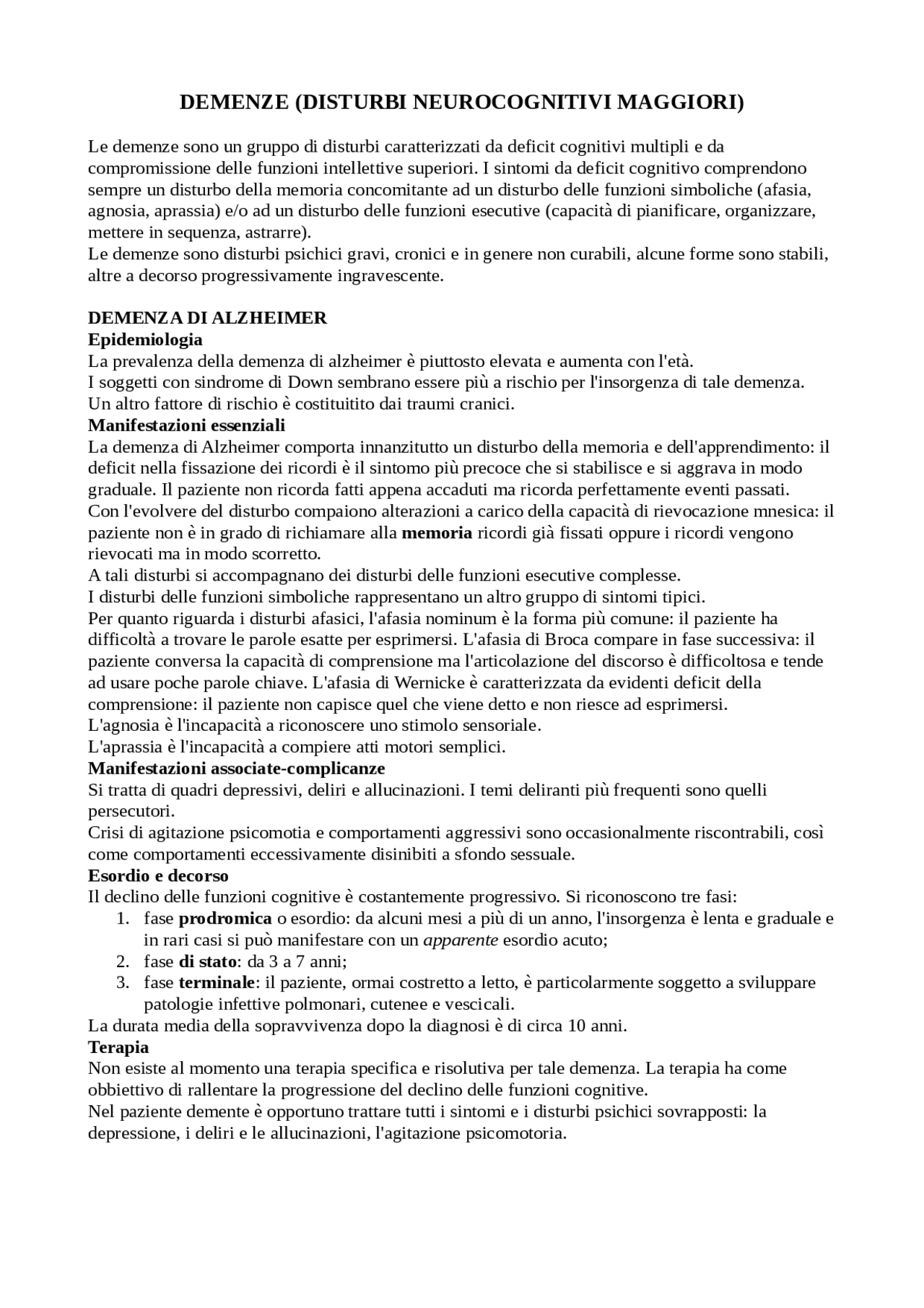 Disturbi Da Deficit Cognitivi Appunti Di Psichiatria Docsity