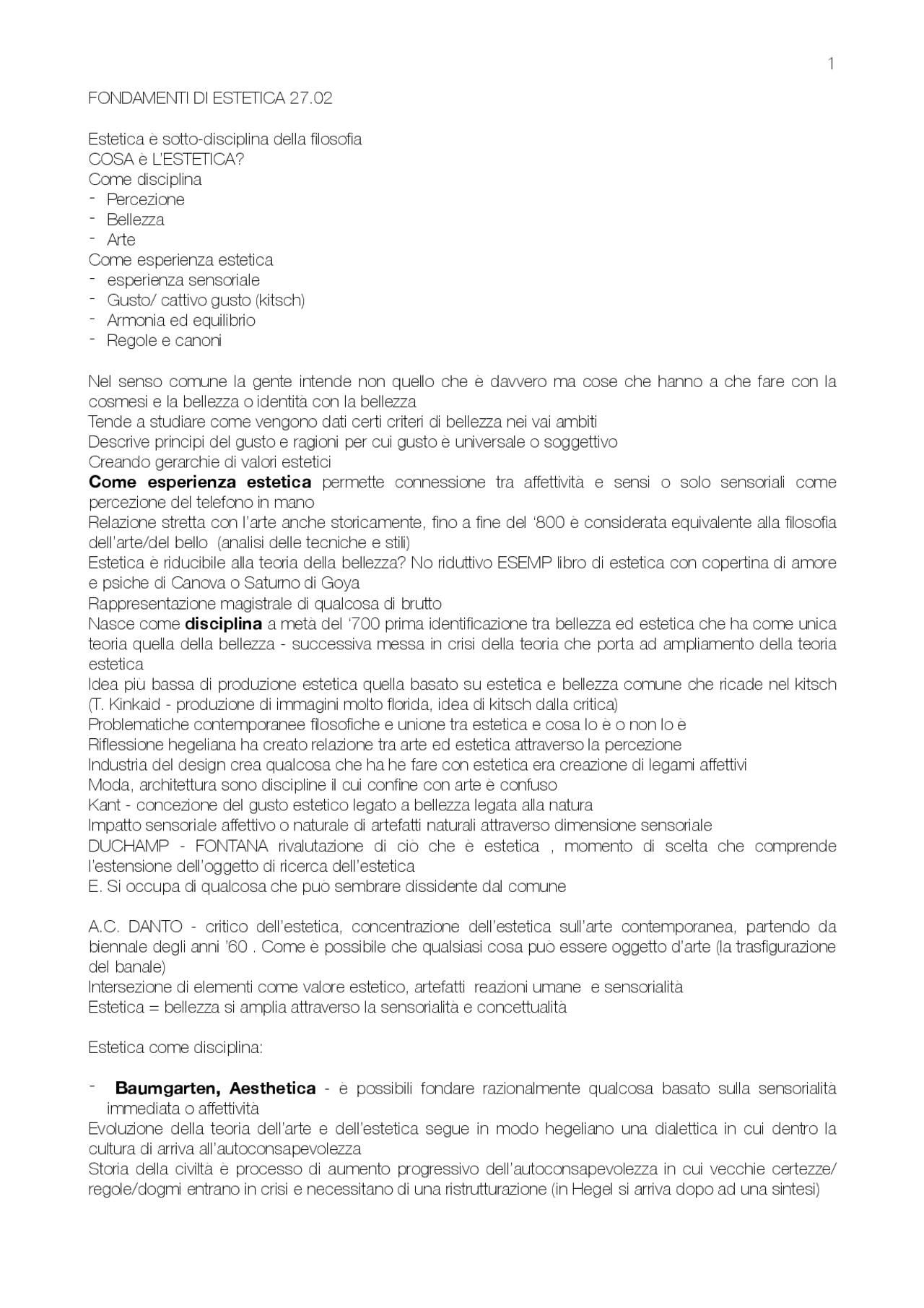 Appunti Del Corso Fondamenti Di Estetica Docsity