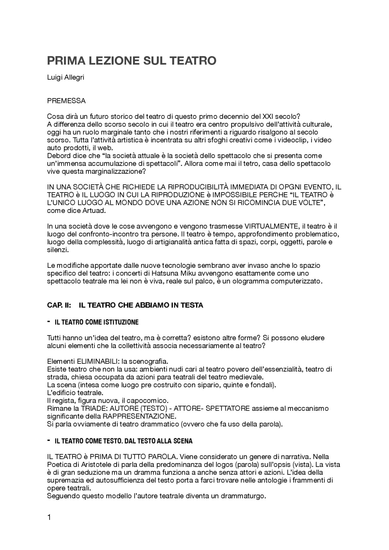 Prima Lezione Sul Teatro Capitoli Ii E V Docsity