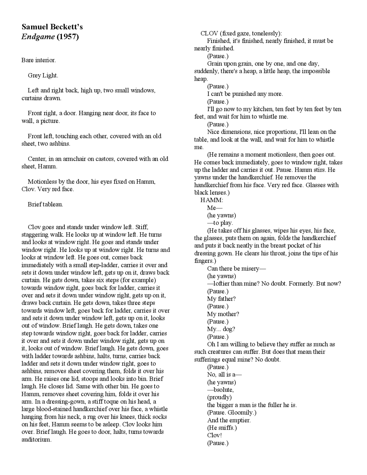 Endgame Samuel Beckett - Docsity