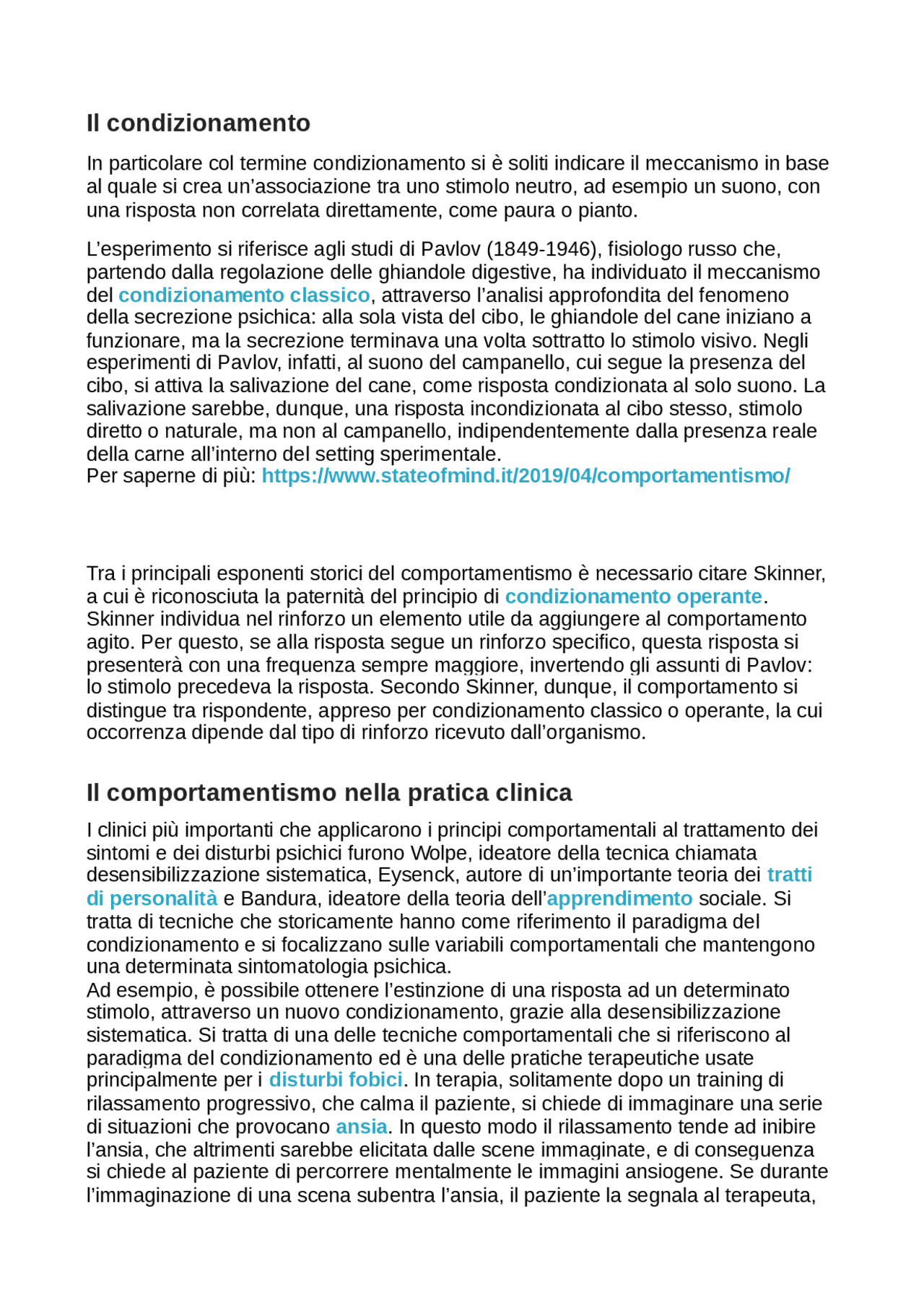 Il Comportamentismo E Il Condizionamento Classico Docsity