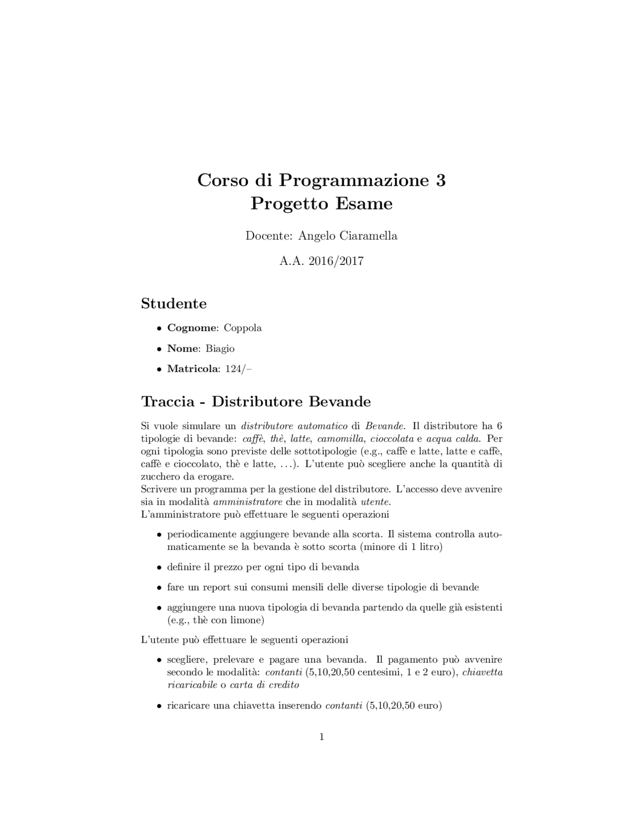 Distributore bevande | Guide, Progetti e Ricerche di Programmazione Java | Docsity