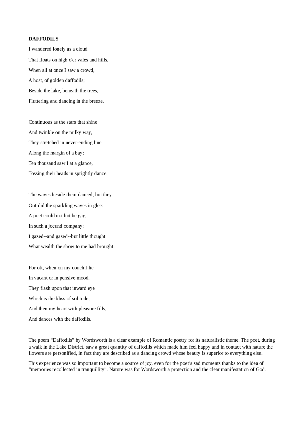 Daffodils Analisi E Commento In Lingua Inglese Del Testo Della Poesia