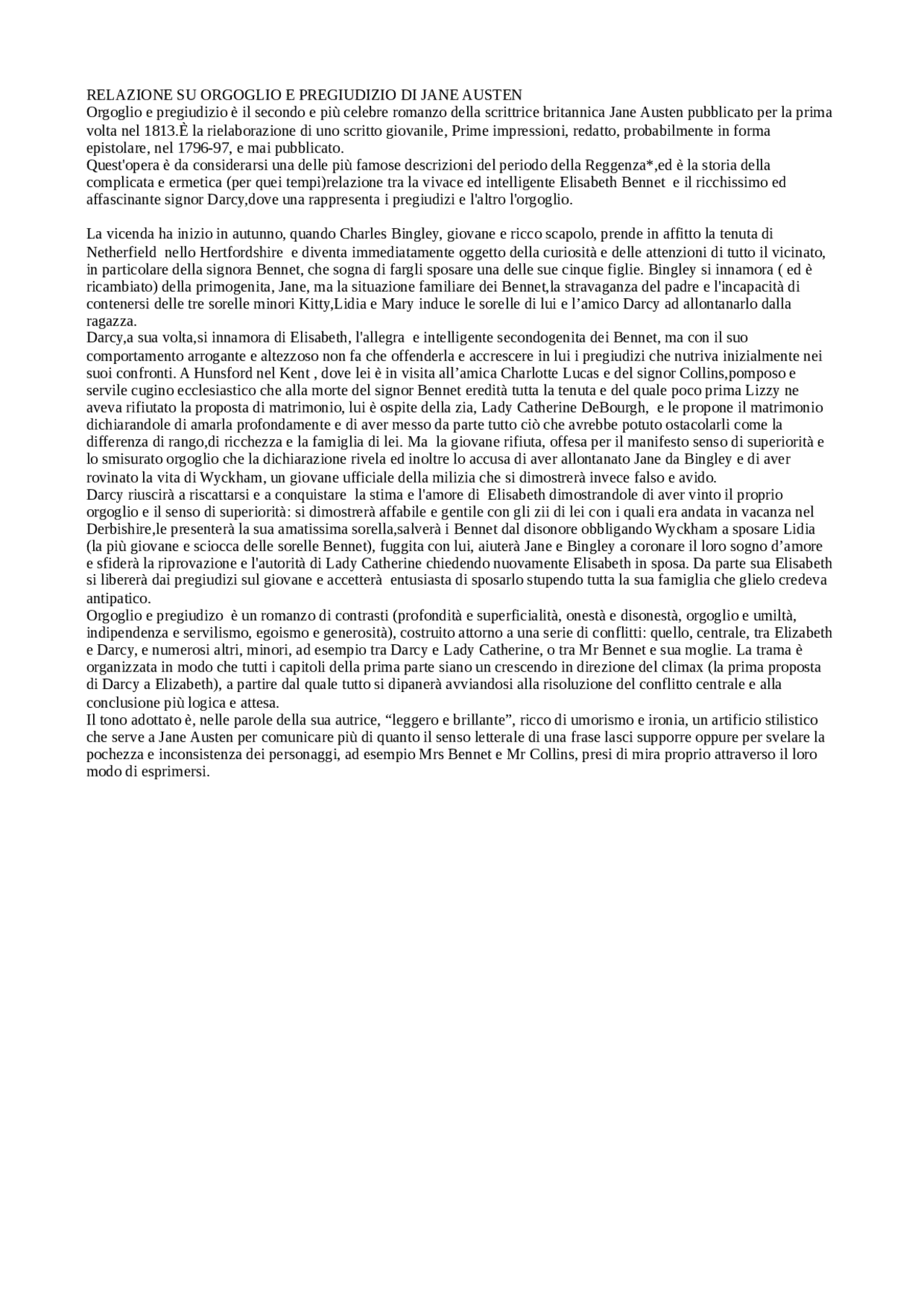 Orgoglio E Pregiudizio Jane Austen Docsity