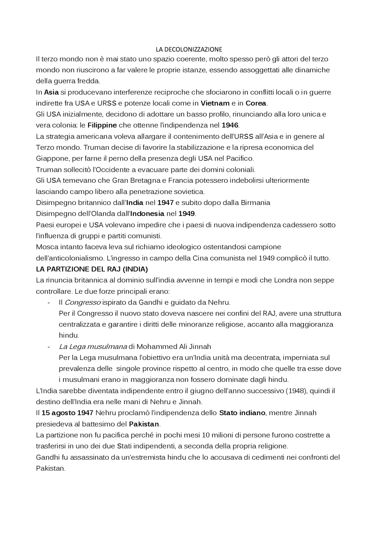 La Decolonizzazione E Guerre Di Corea E Vitnam Docsity