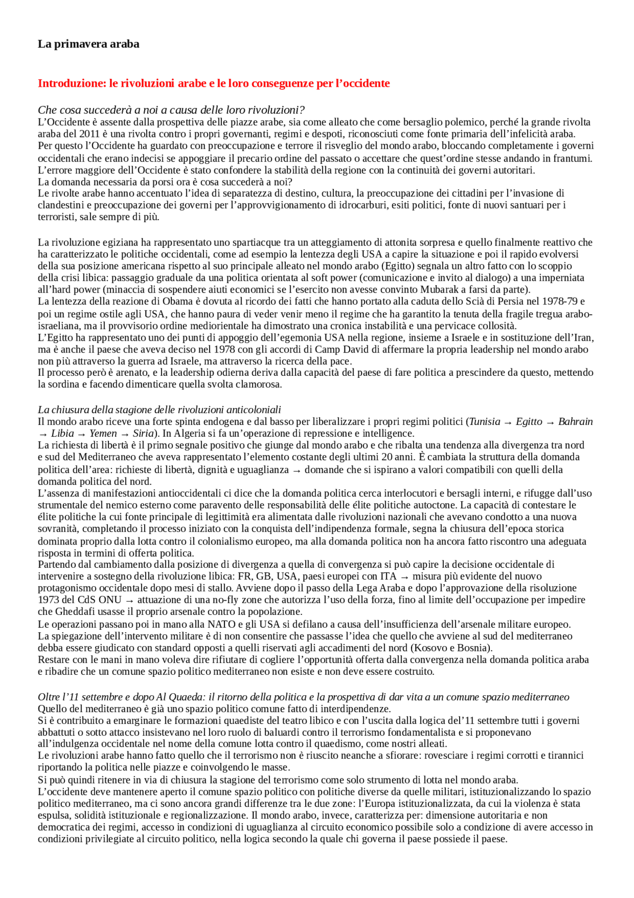 La primavera araba, riassunto completo - Docsity