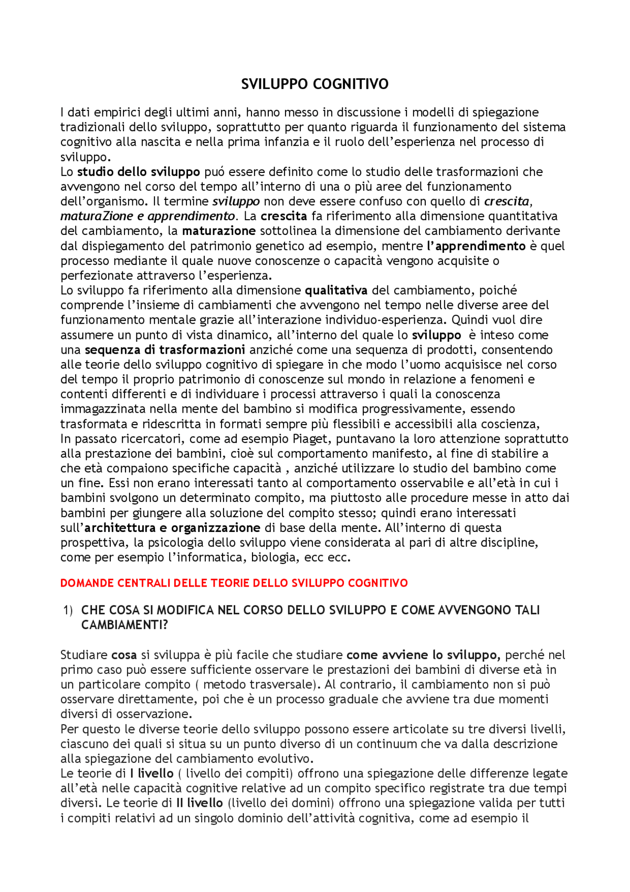 Lo Sviluppo Cognitivo Docsity