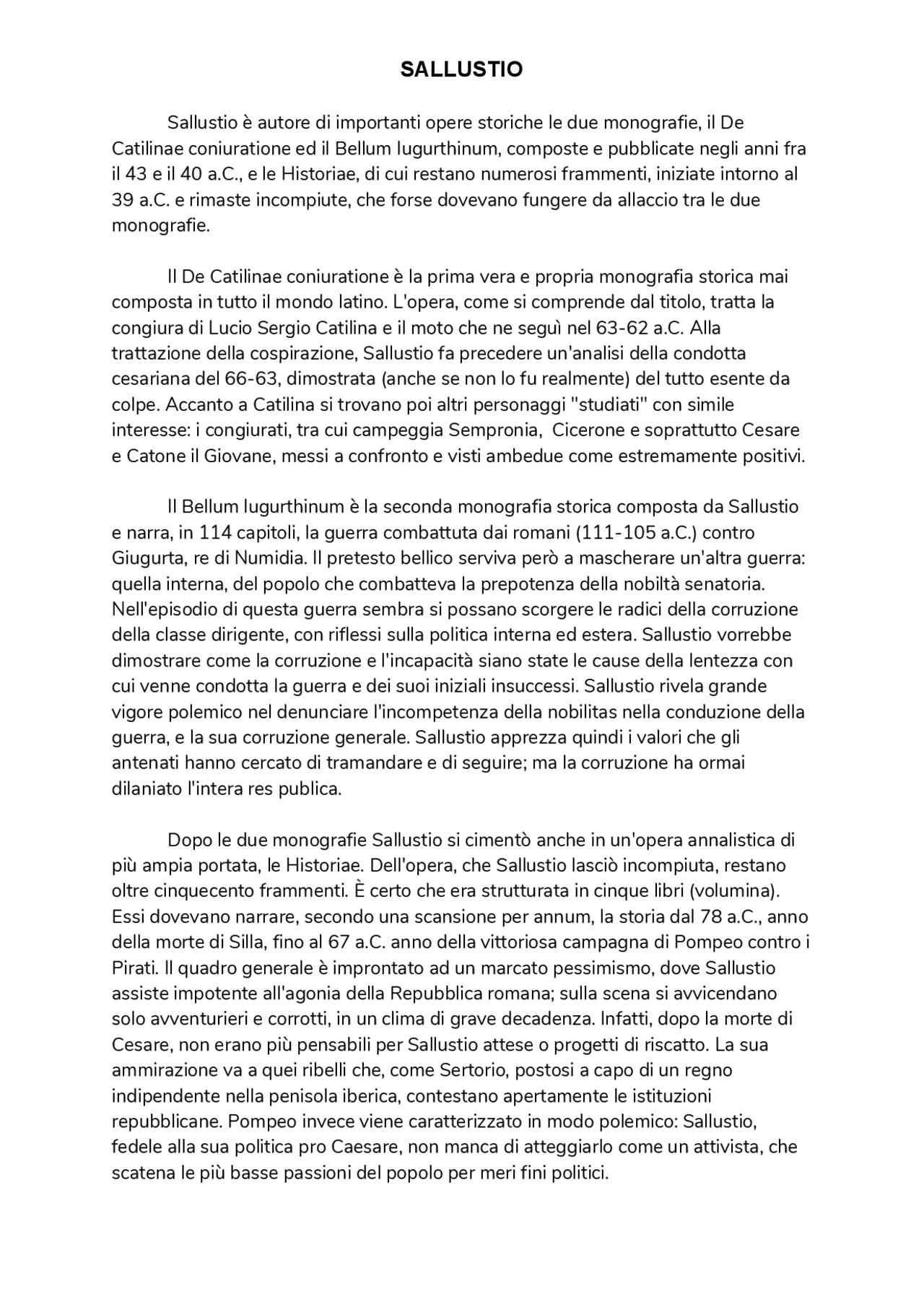 Opere Di Sallustio Riassunto Docsity
