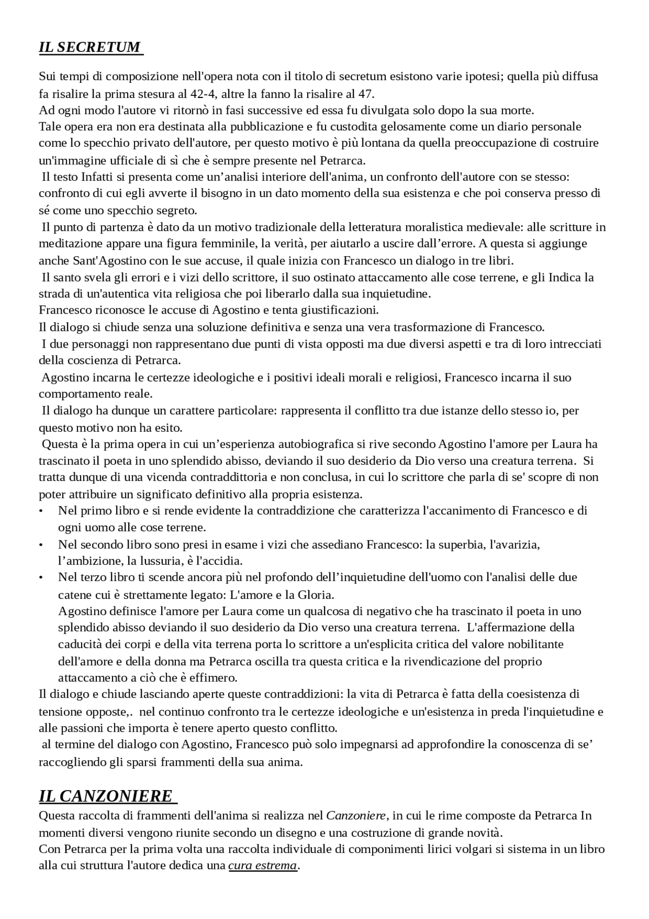 SCHEMI SUL SECRETUM E IL CANZONIERE DI PETRARCA - Docsity