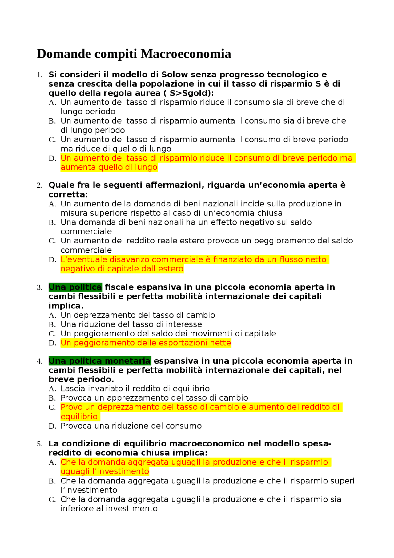 Domande Esame Macroeconomia Docsity