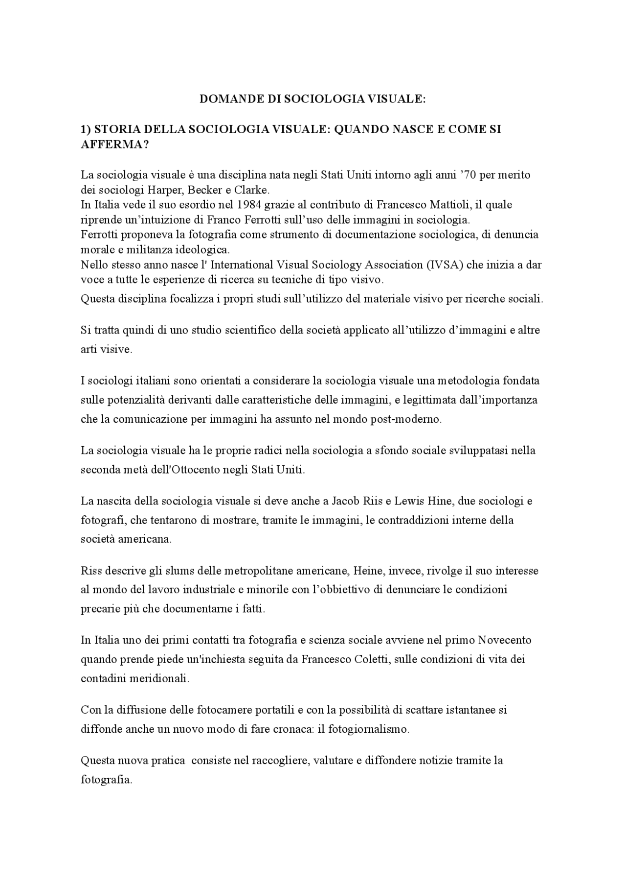 Domande E Risposte Sociologia Visuale Docsity