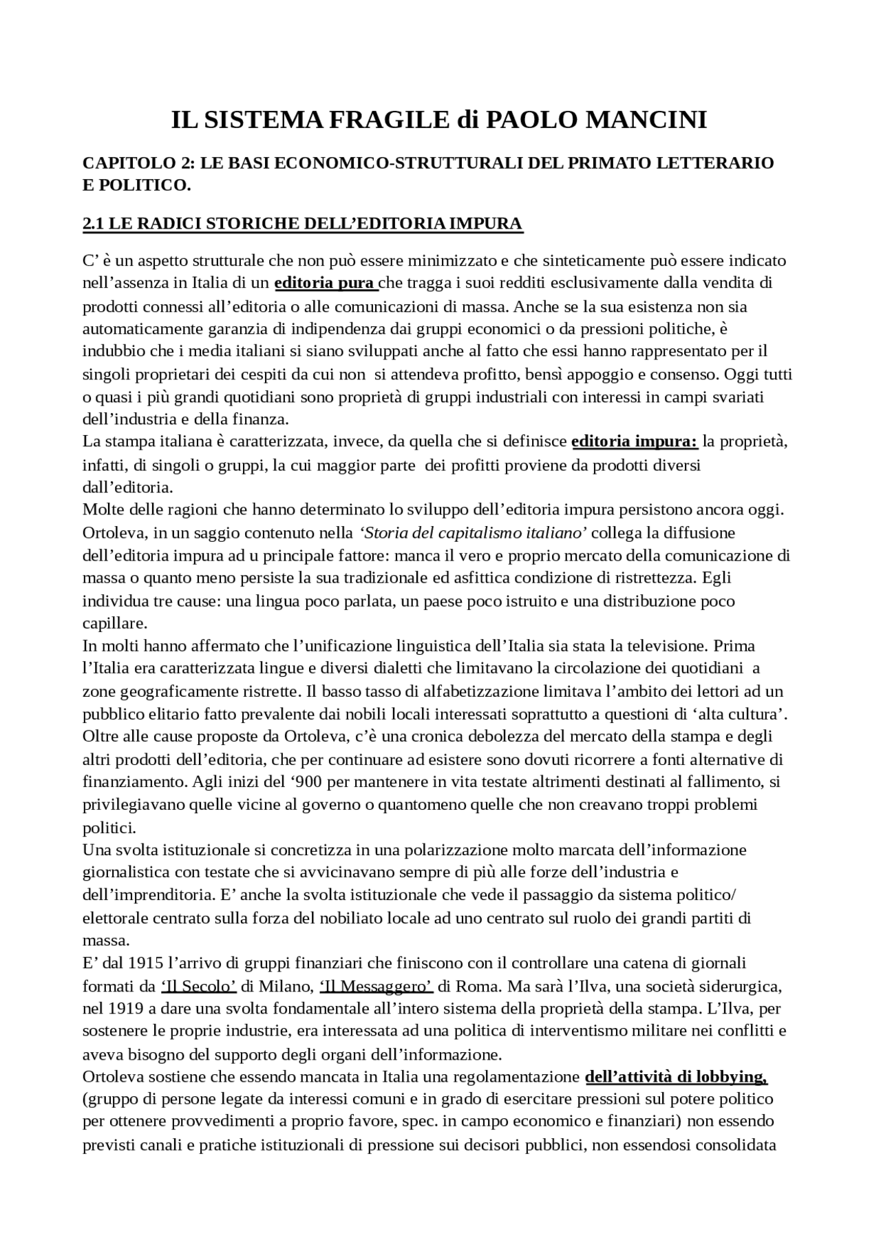 Il Sistema Fragile Di Paolo Mancini Docsity