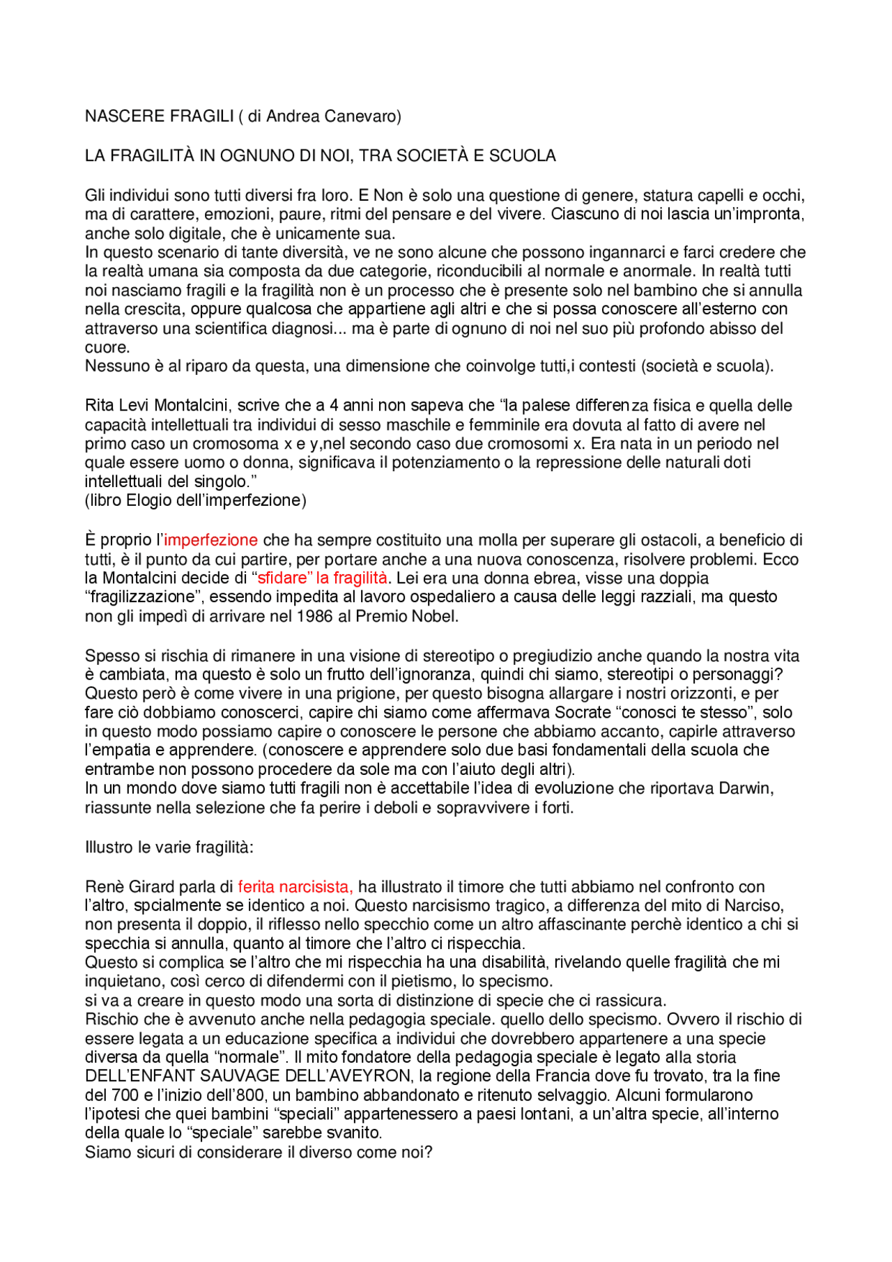 Nascere Fragili Canevaro Docsity